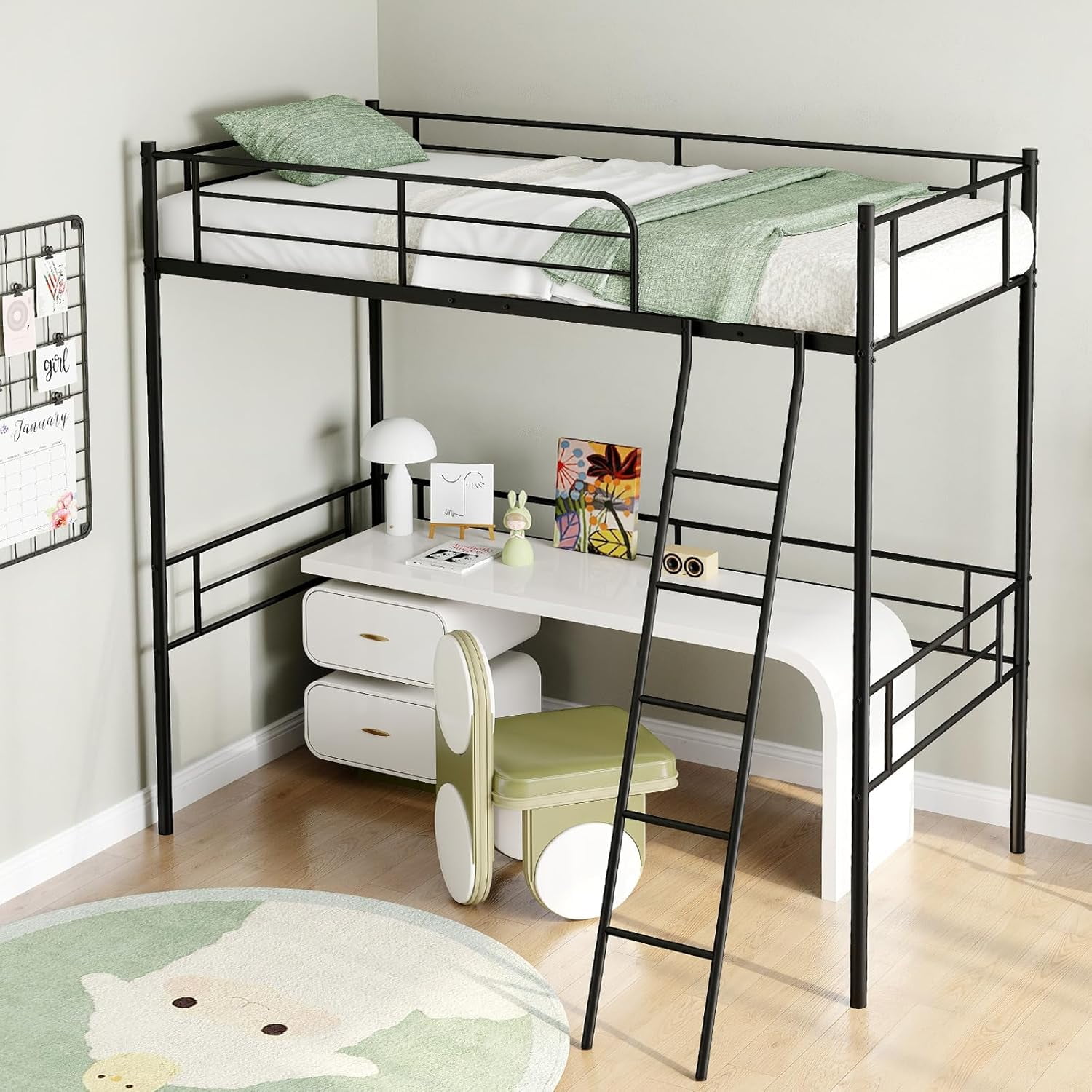 KOMFOTT Twin Metal Loft Bed, Heavy-Duty Steel Slats Support Loft Bed ...