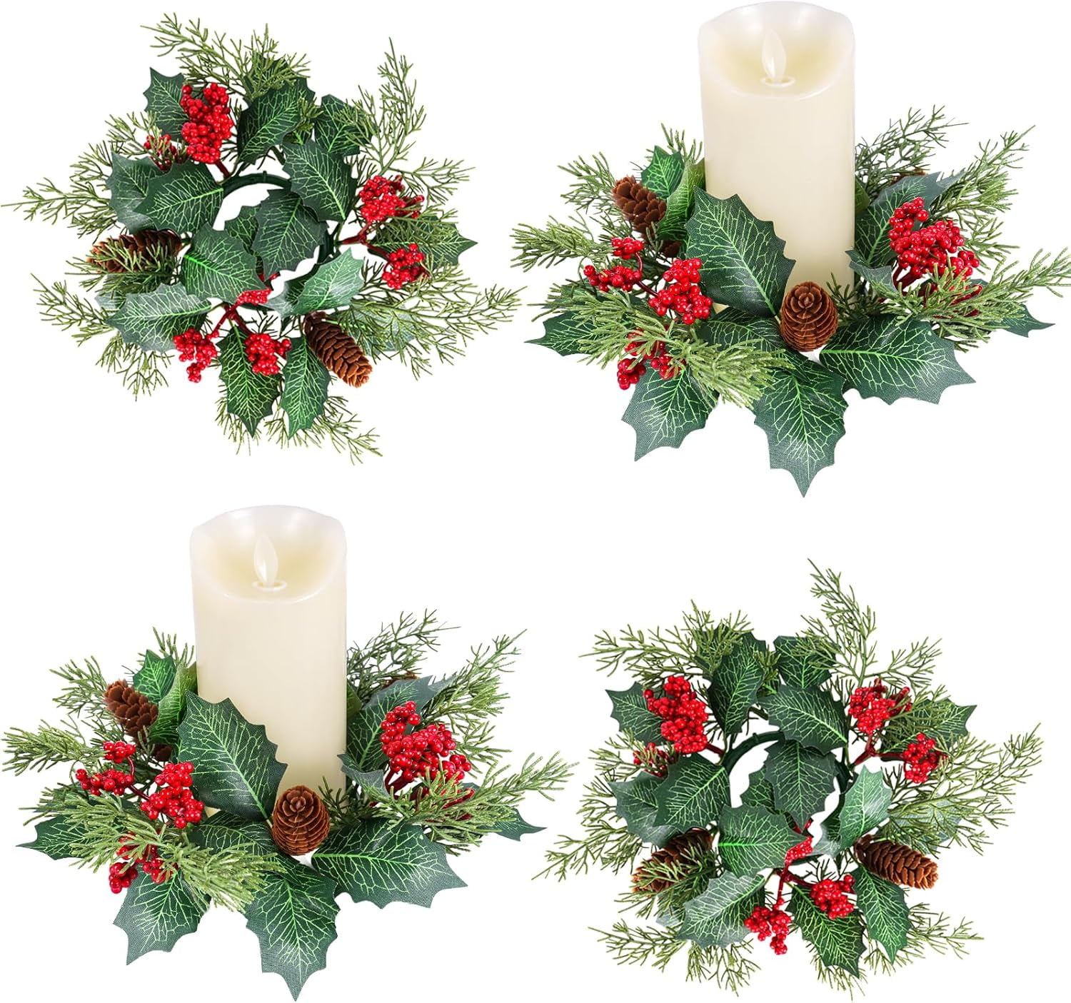 KOMI Christmas Candle Rings Wreaths - 4Pcs Artificial Red Berry ...