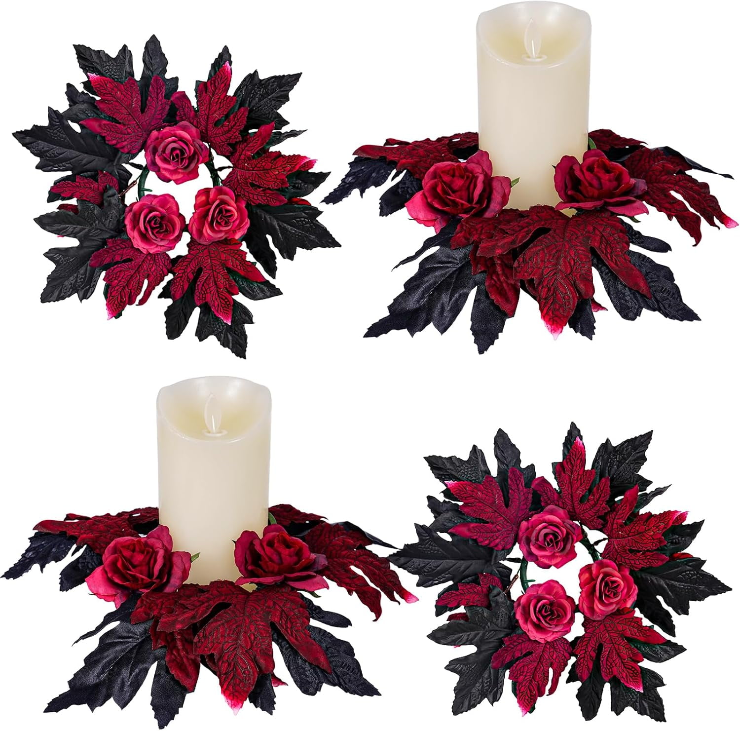 KOMI Halloween Rose Candle Rings - 4 Pcs Floral with Black Maple Leaves ...