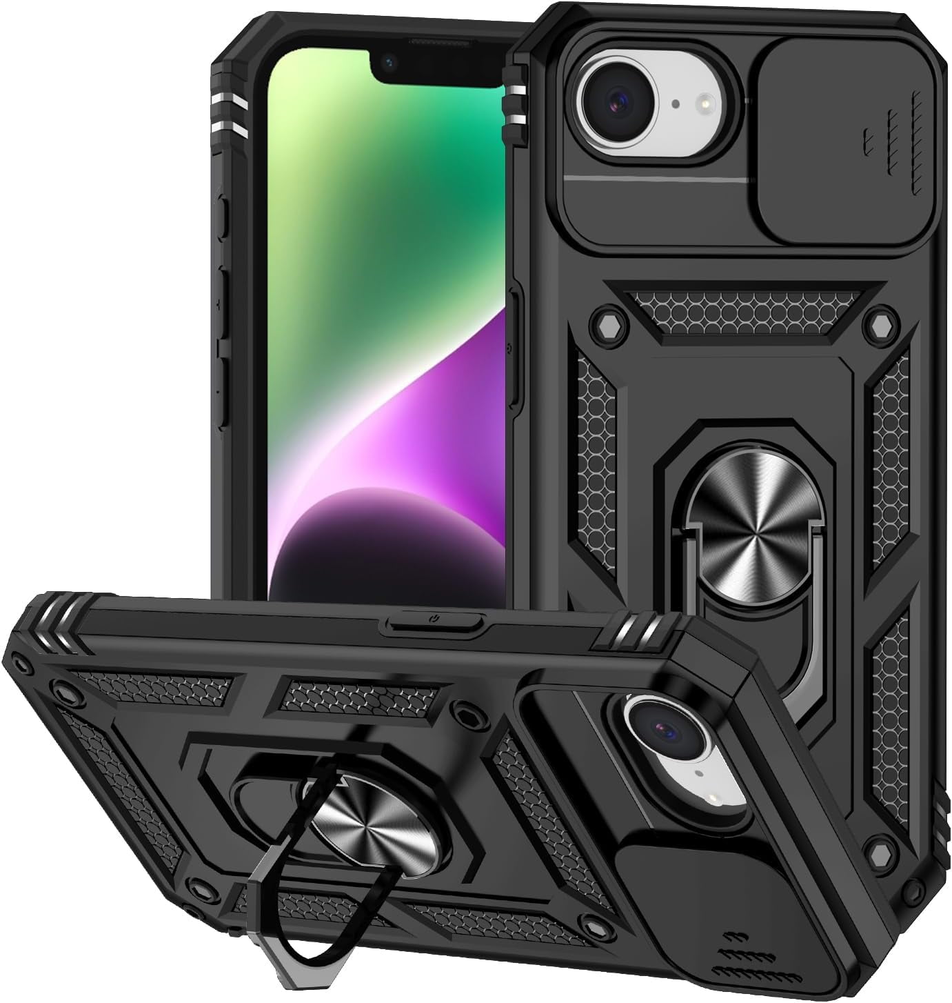 KOMI for iPhone 16e Case 2025 with Stand Ring Holder & Slide Camera ...