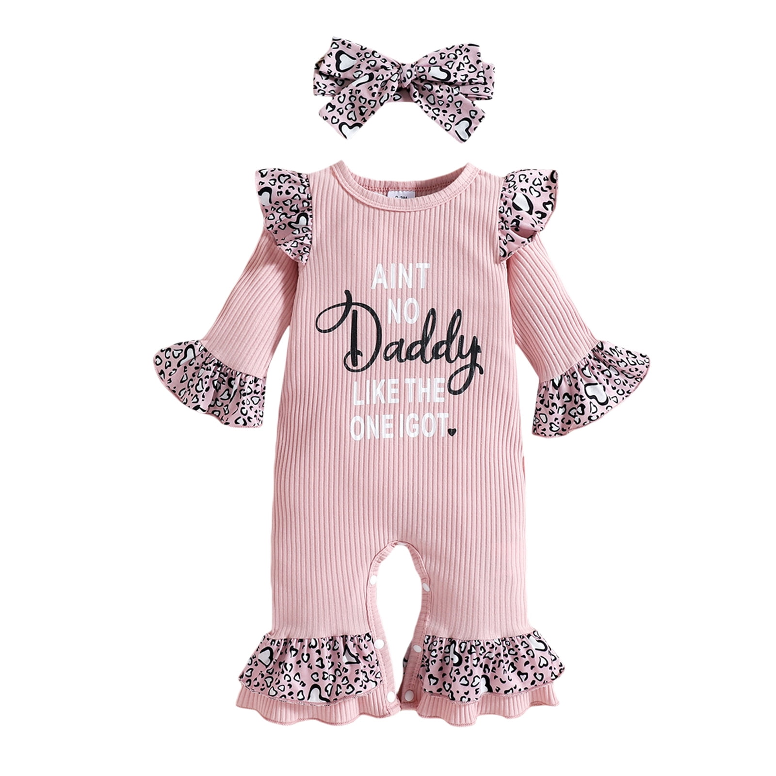 KOMOO Infant Romper Set Bowknot Headband Letter Leopard Print Long ...
