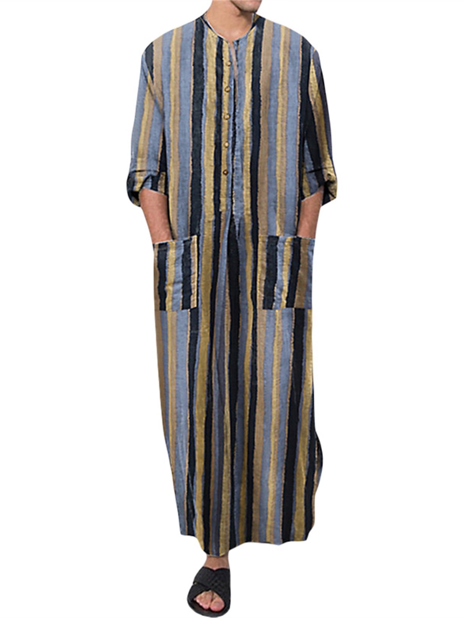 KOMOO Male Dresses Long Sleeve Striped Henley Shirts Kaftan Long Gown ...