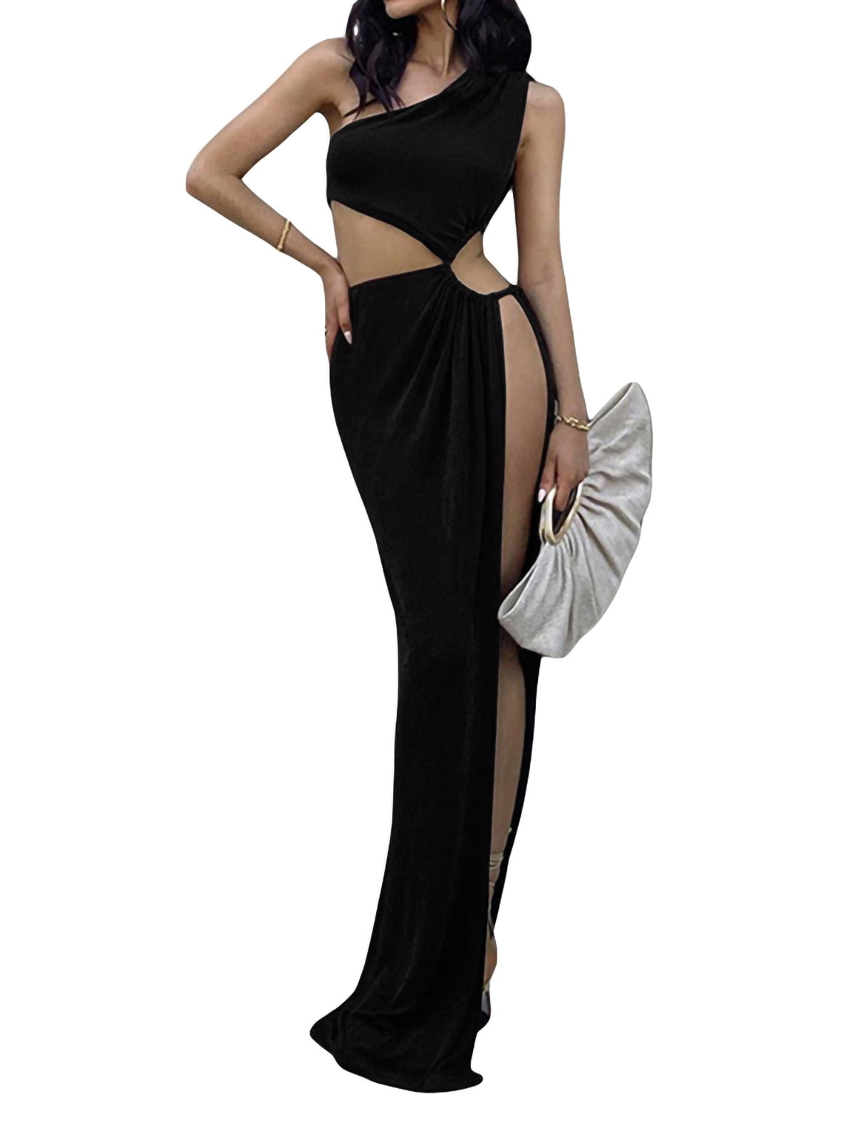 KOMOO Women Cutout Long Dress One Shoulder Hollow Out High Split ...