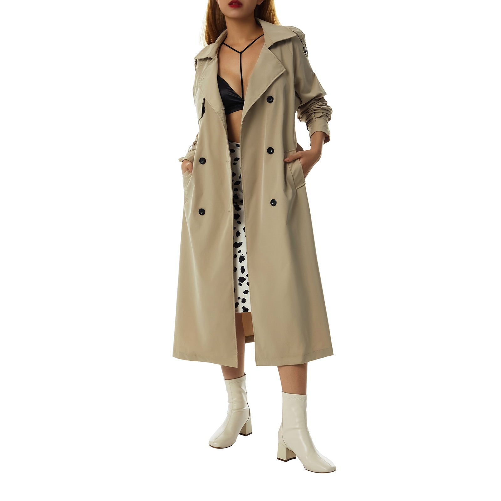 KOMOO Women Double Breasted Long Trench Coat Classic Lapel Overcoat ...