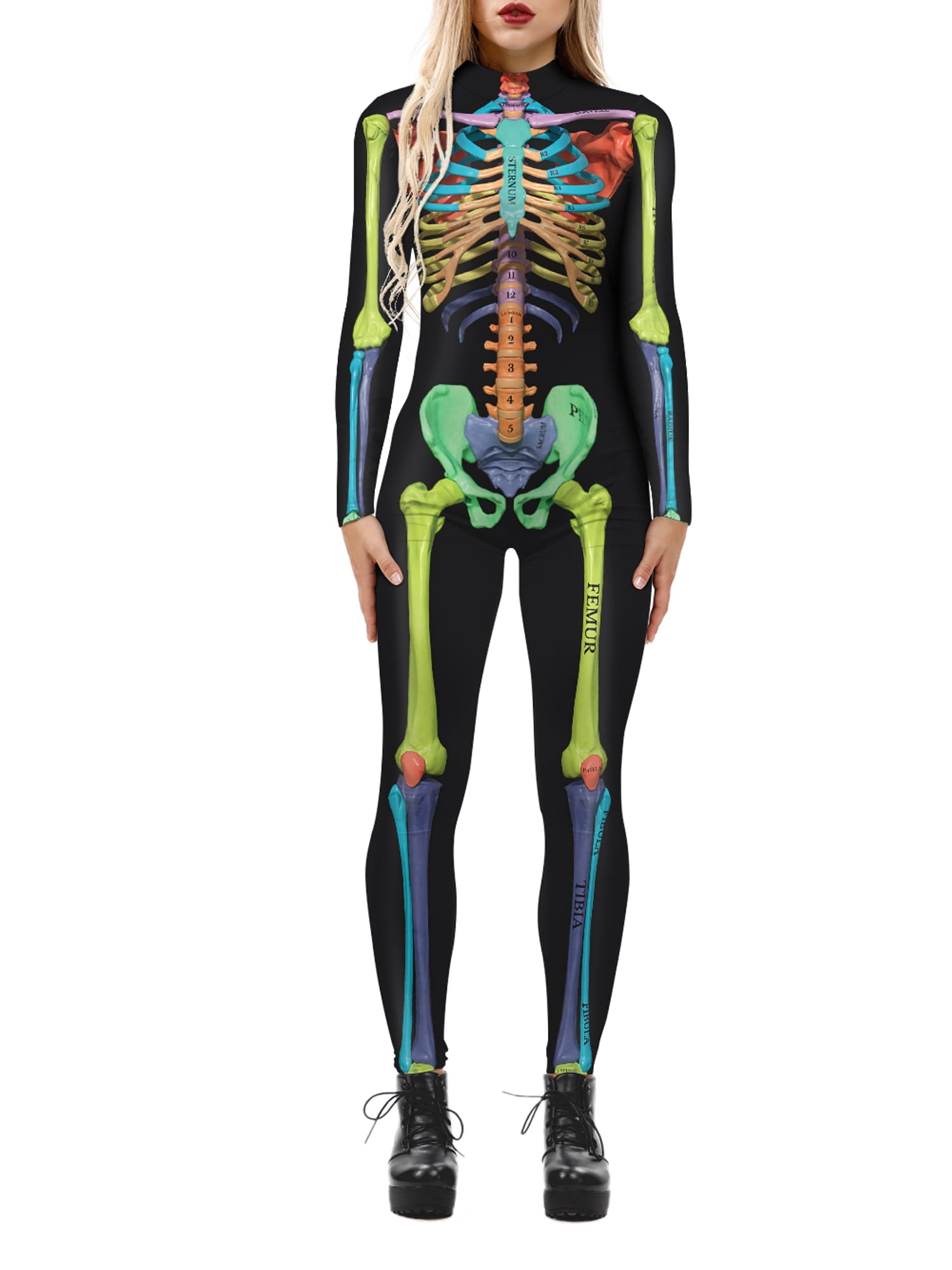 KOMOO Women Halloween Skeleton Bodysuit Long Sleeve Bodycon 3D Skeleton ...