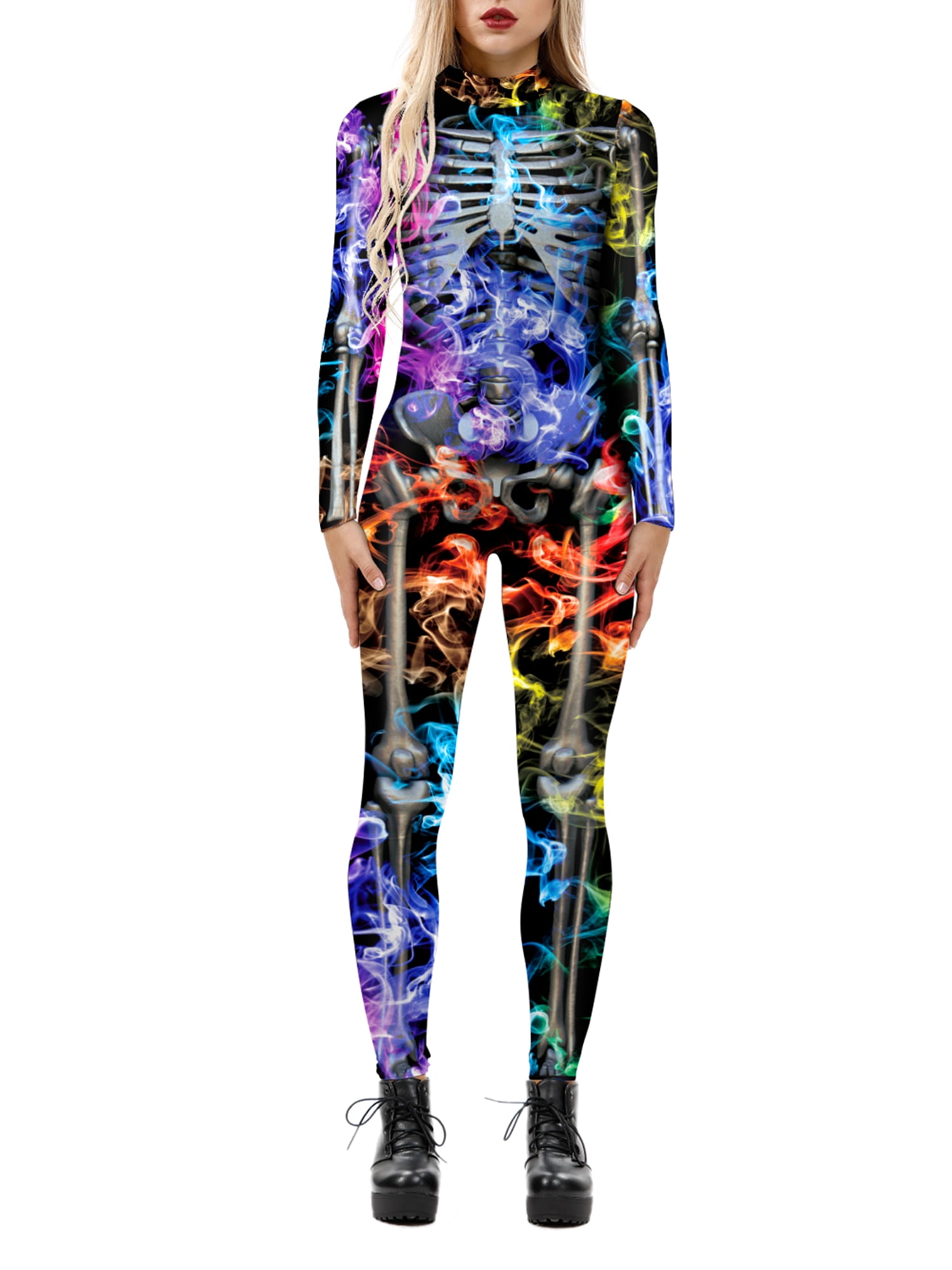 KOMOO Women Halloween Skeleton Bodysuit Long Sleeve Bodycon 3D Skeleton ...