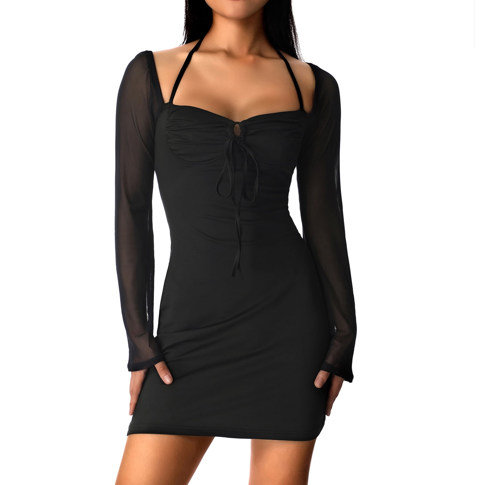 KOMOO Women Halter Strappy Mini Dress Low Cut See Through Chiffon Mini ...