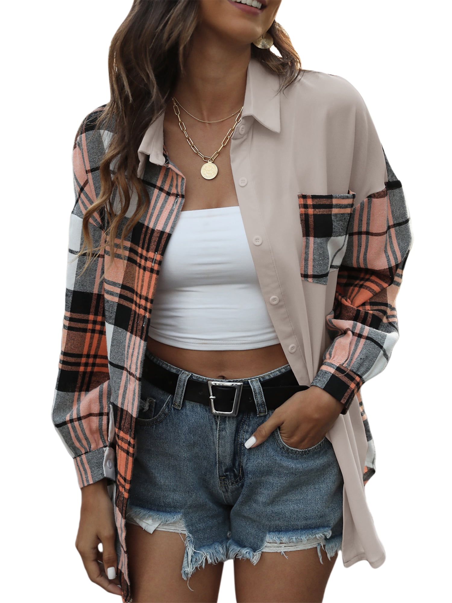 KOMOO Women Oversized Plaid Flannel Shirts Vintage Long Sleeve Button ...