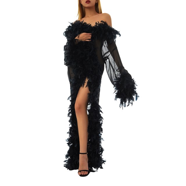 KOMOO Women Sheer Robe Pajamas Long Sleeve Feather Bathrobe See Through ...