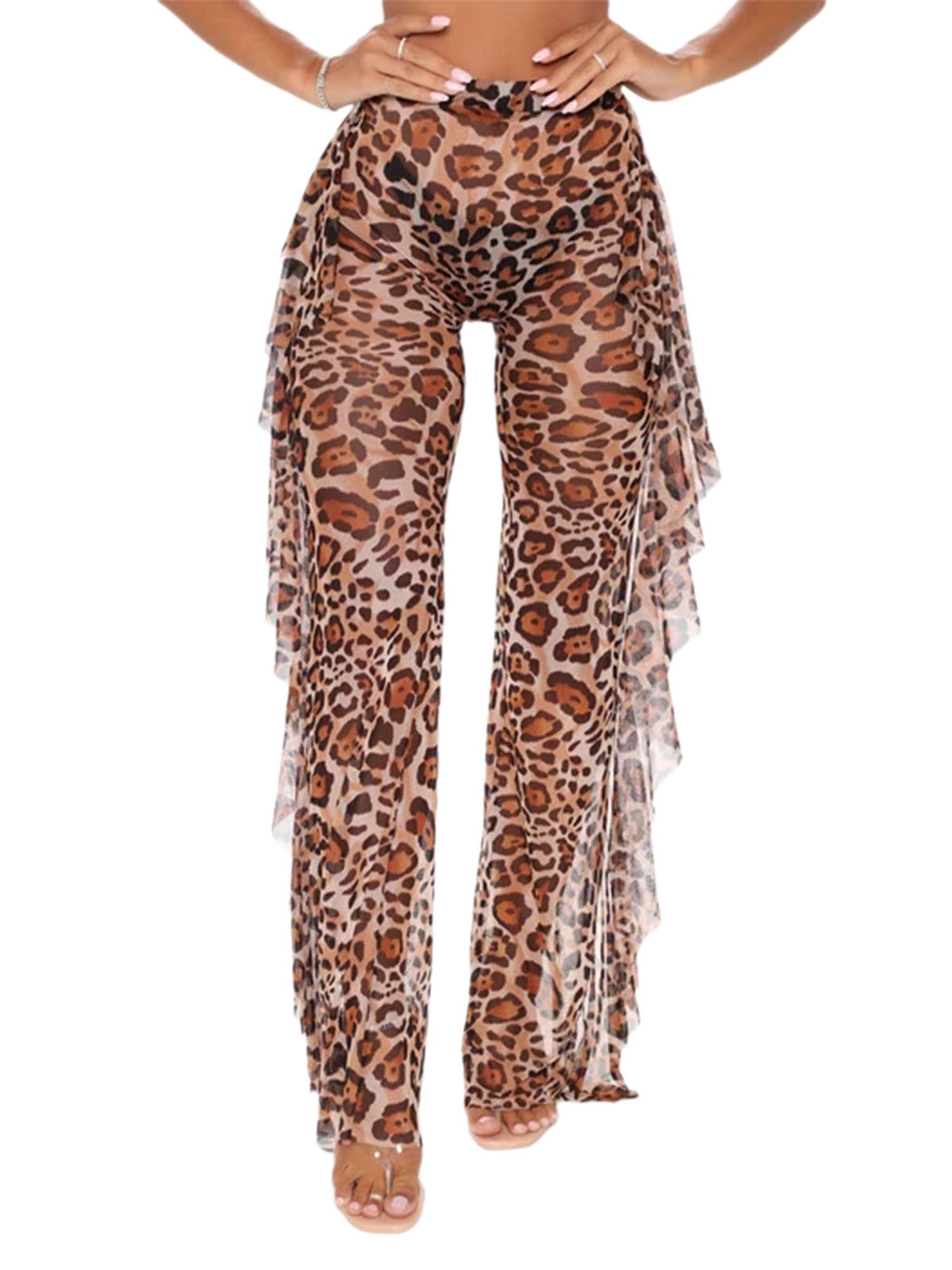 KOMOO Women Sheer Stretch Pants Leopard Serpentine High Waist Tight ...