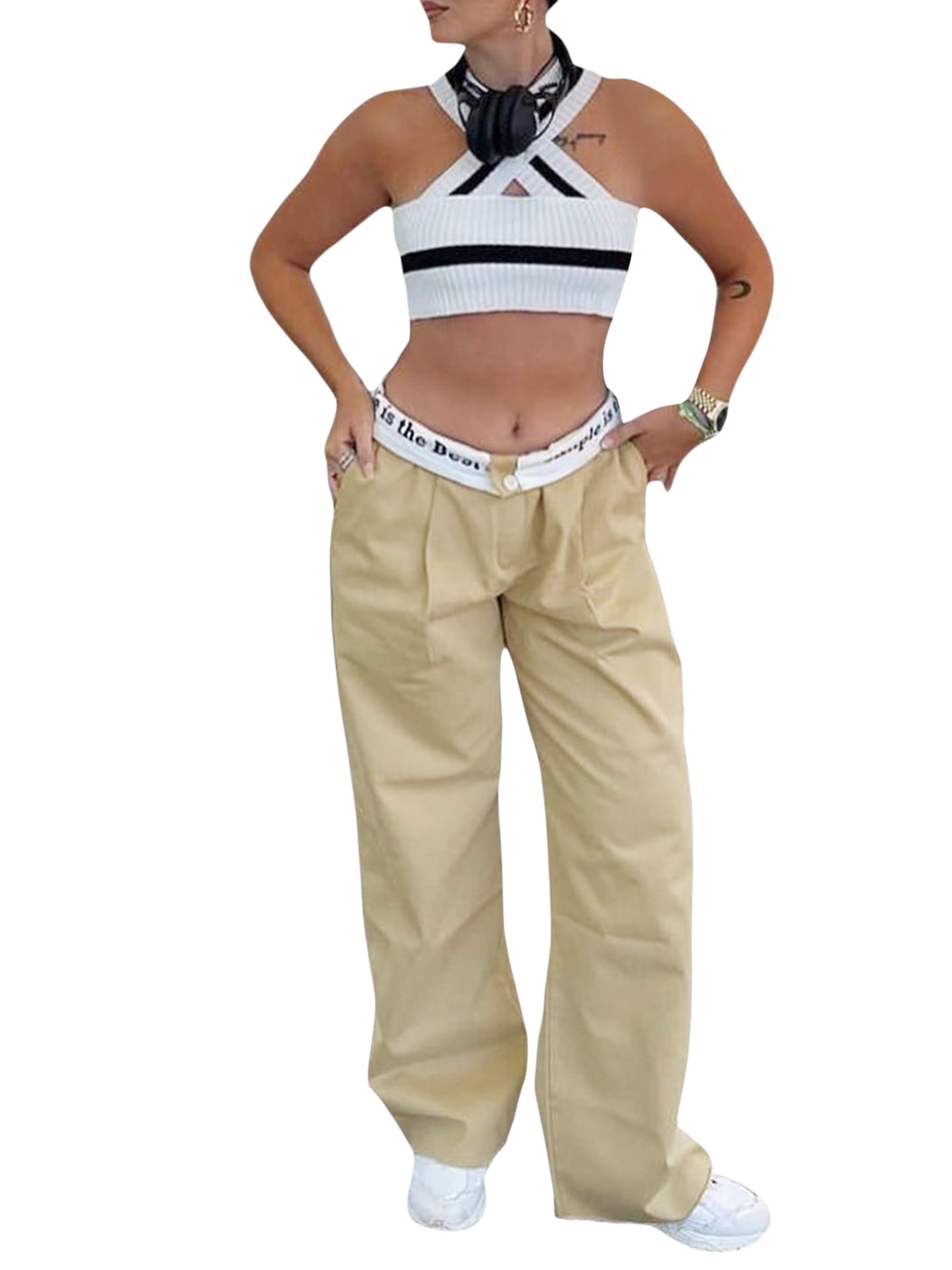 KOMOO Women Straight Leg Pants Vintage Low Waist Baggy Cargo Pants ...