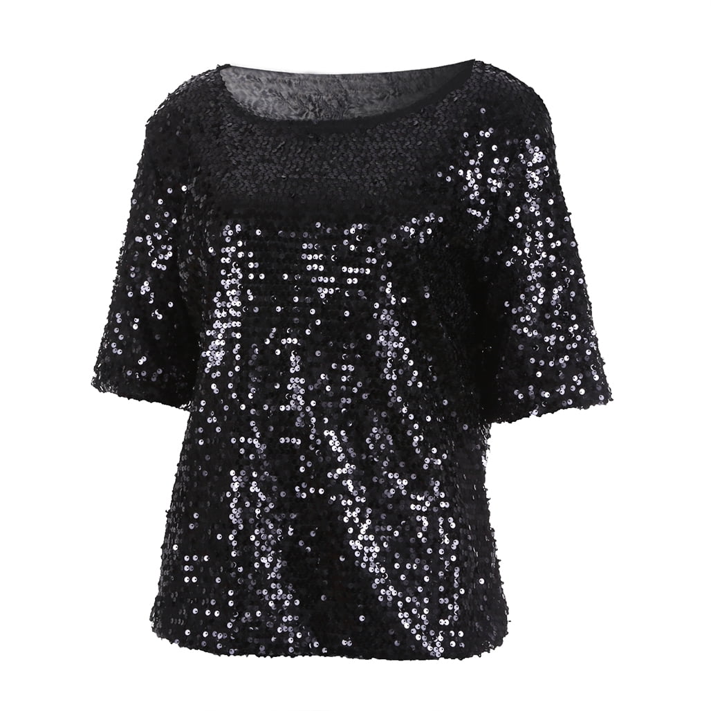 KOMOO Women Summer Blouses Party Elegant O-Neck Half Sleeve Sequins ...