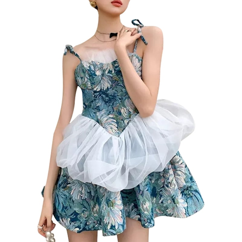 KOMOO Women Vintage Dress Oil Painting Floral Halter Mini Dress Mesh ...