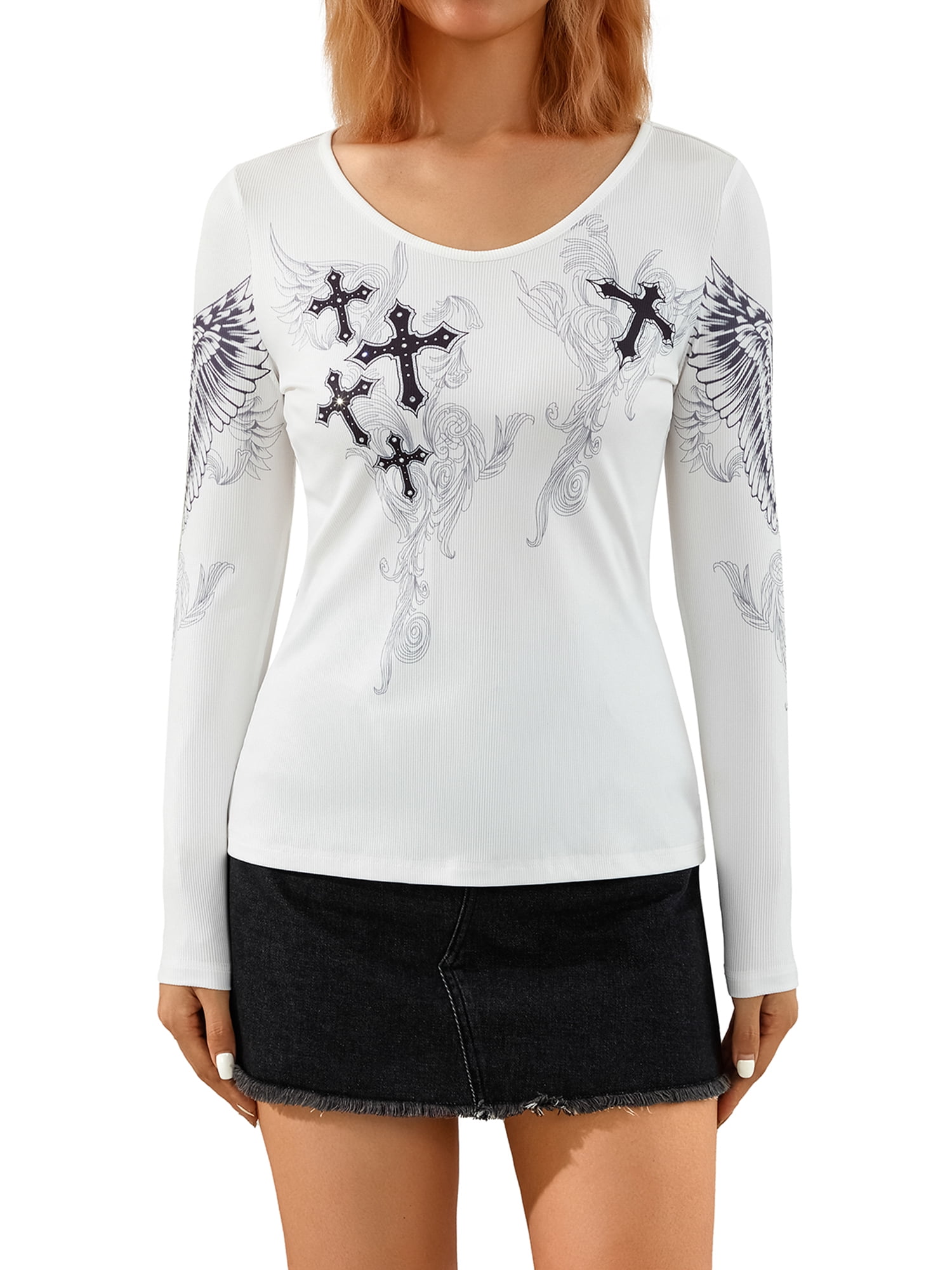 KOMOO Women White T-Shirts Long Sleeve V Neck Wings Print Slim Blouse ...