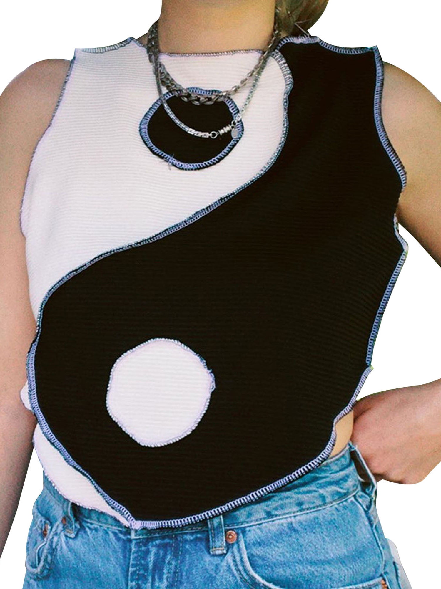 KOMOO Women Yin Yang Tank Tops Sleeveless Irregular Crop Tops Crew Neck ...
