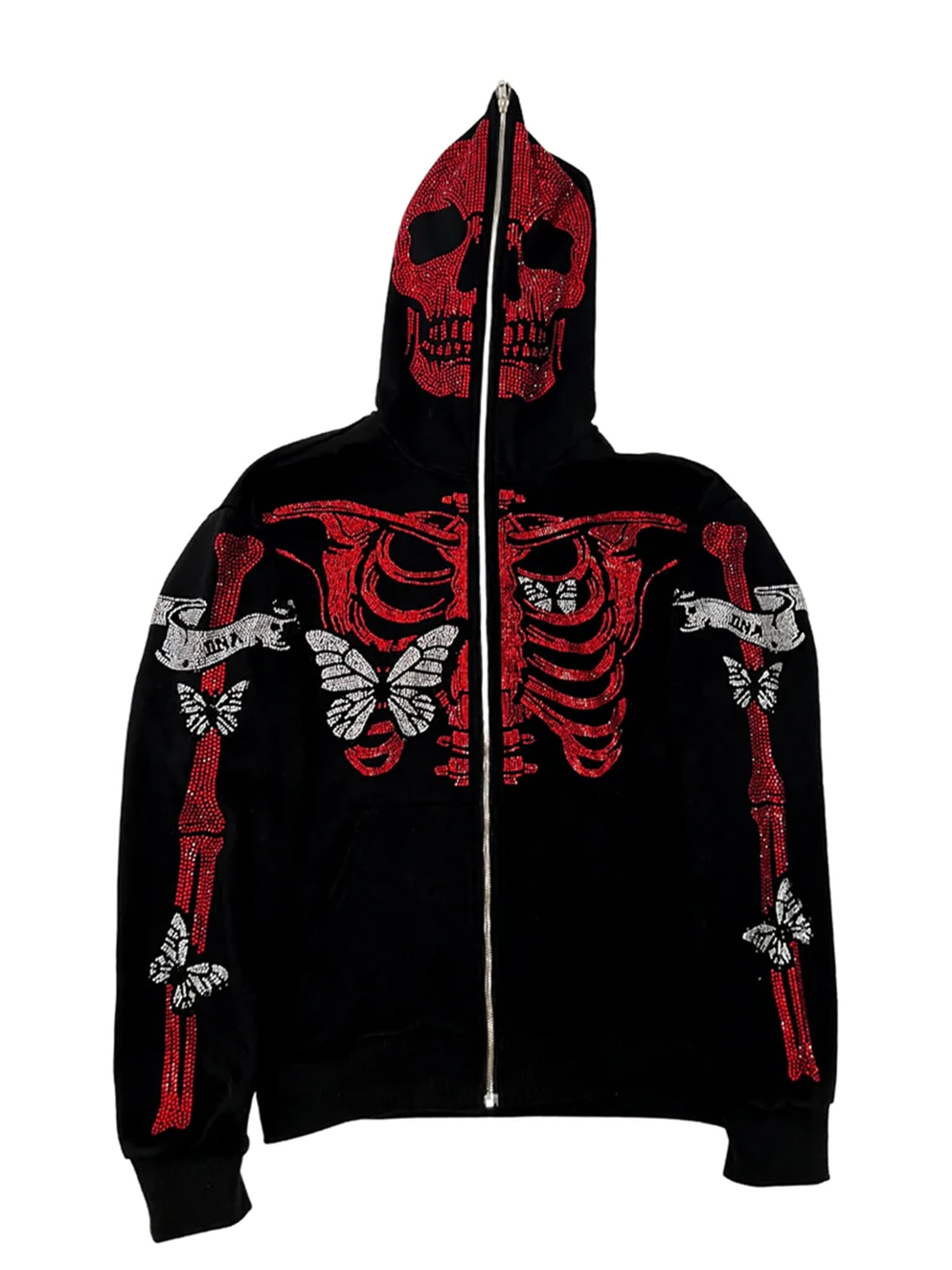 KOMOO Women Zip Up Hoodies Jacket Rhinestones Skull Butterfly Skeleton ...