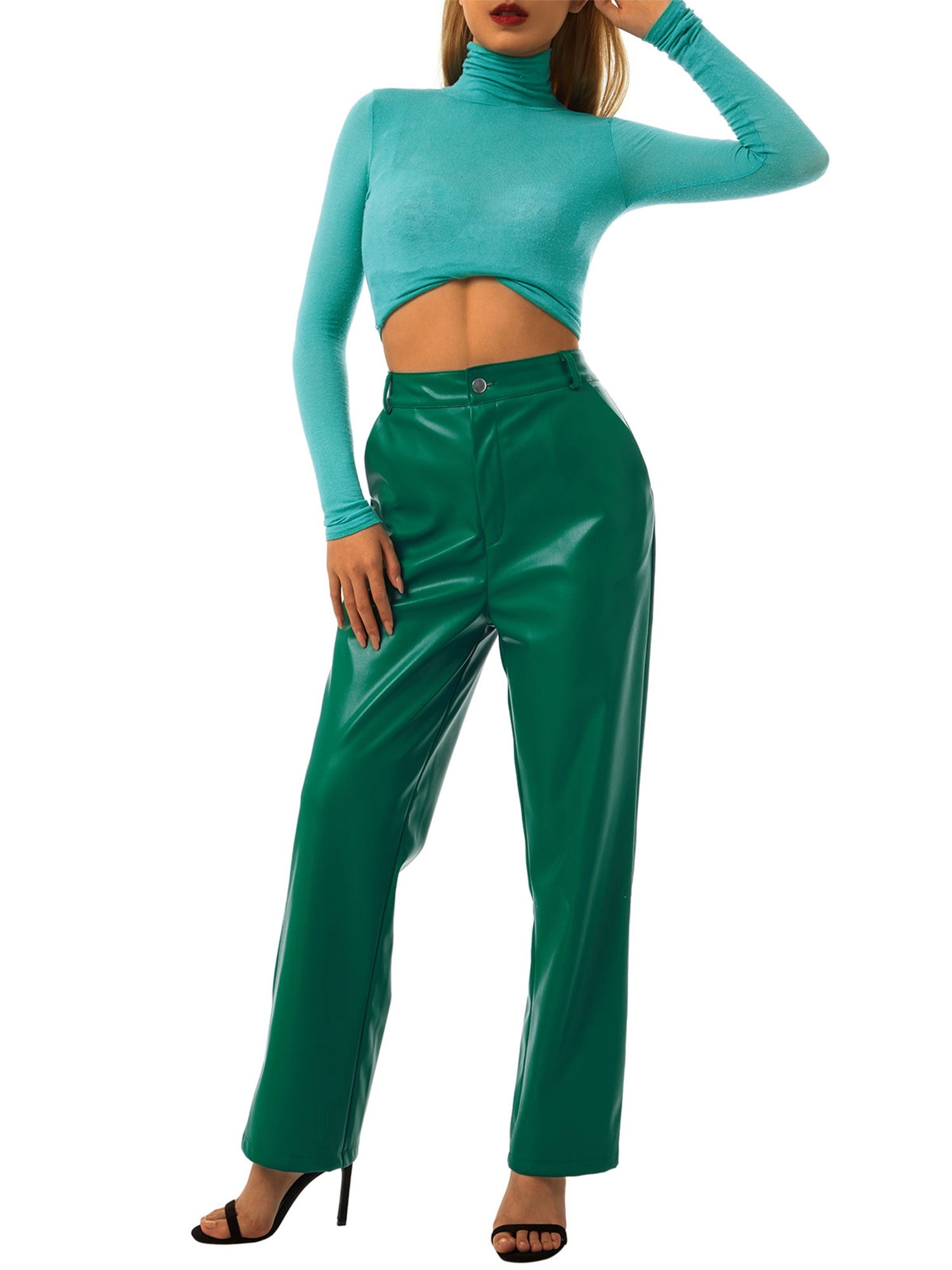 KOMOO Women's Faux Leather Pants High Waist Straight Wide Leg PU ...