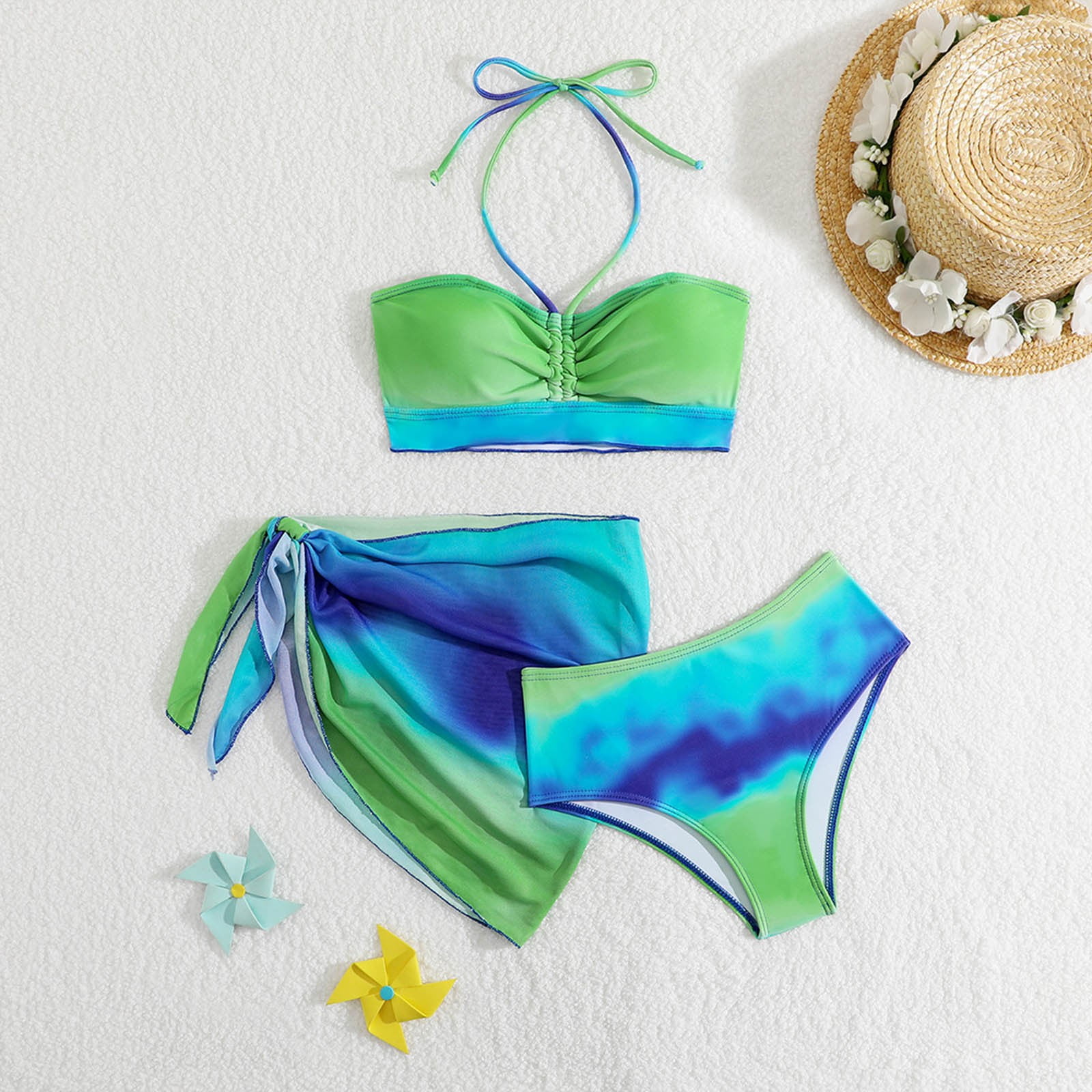 KONDYS Girls 3 Piece Swimsuit Bathing Suit Cute Floral Print Bikini Set ...