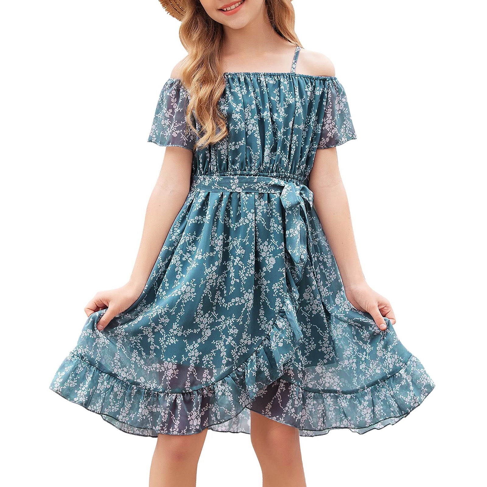 KONDYS Girls Elegant Dresses Children Suspender Floral Frilly Casual ...