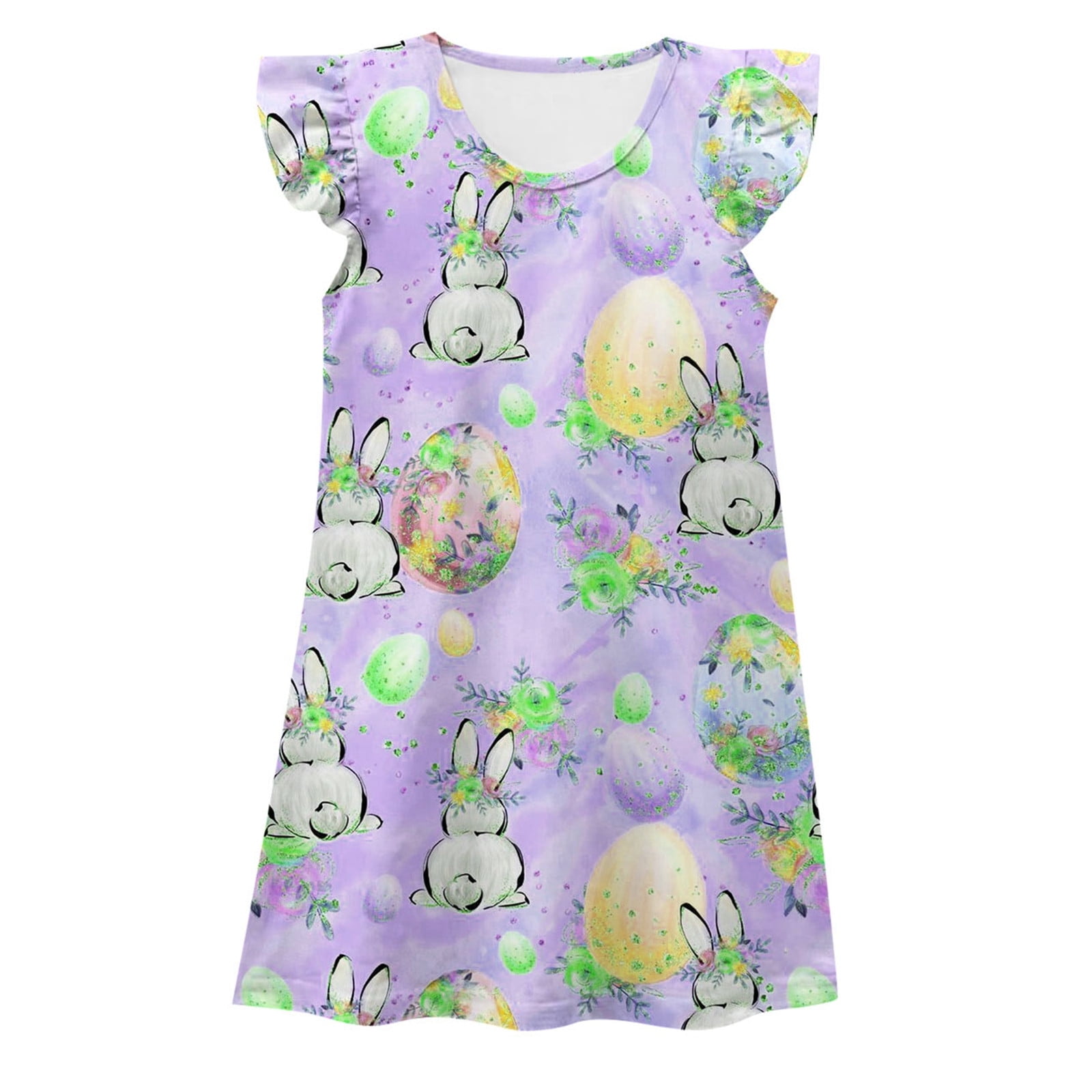 KONDYS Girls Elegant Dresses Easter Bunny Egg Print Flying Sleeve ...
