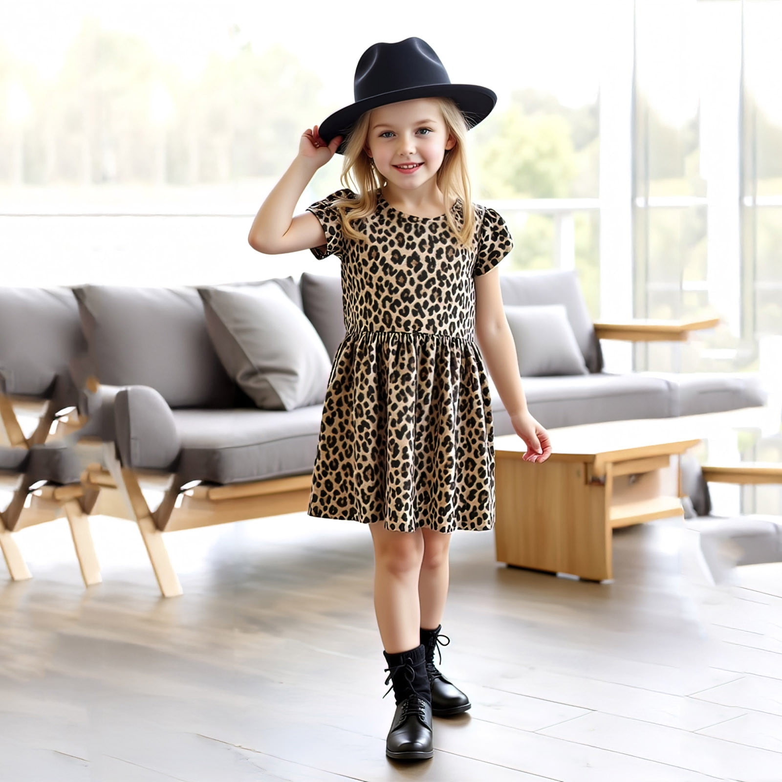 KONDYS Girls Summer Dress Children Short Sleeve Cute Leopard Print ...