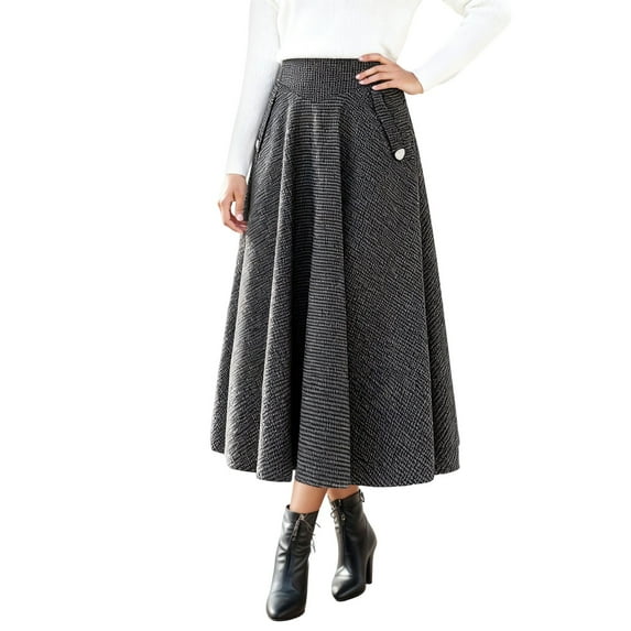 KONDYS High Waist Plaid Blend Midi Skirt A Line Winter Warm Textured ...