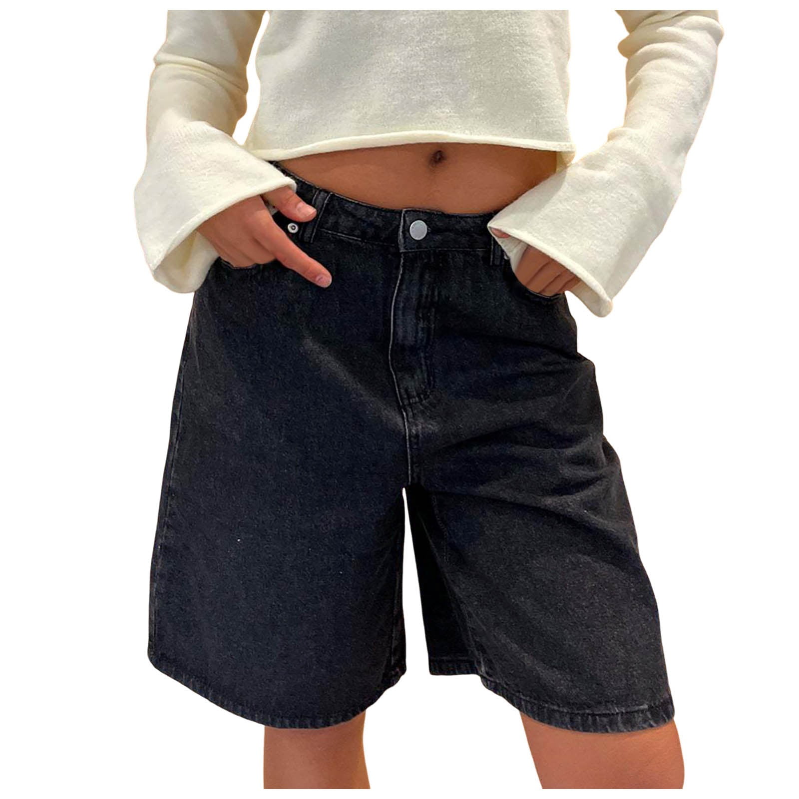KONDYS Knee Length Denim Shorts For Women Casual Loose Wide Leg Long ...