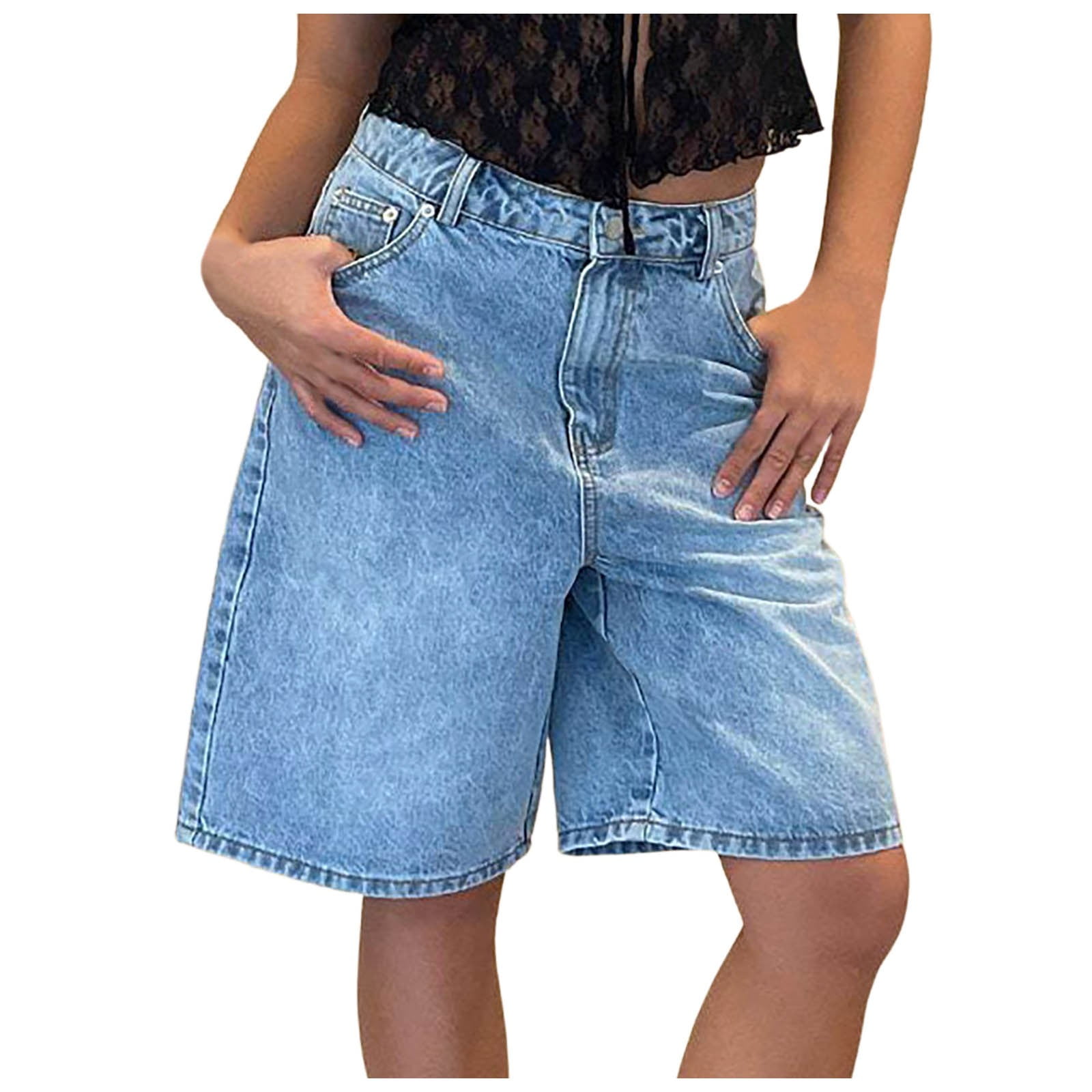 KONDYS Knee Length Denim Shorts For Women Casual Loose Wide Leg Long ...