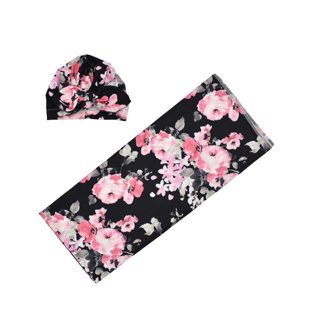 KONDYS Baby Floral Swaddle Turban Hat Soft Sleeping Blanket Wrap Set ...