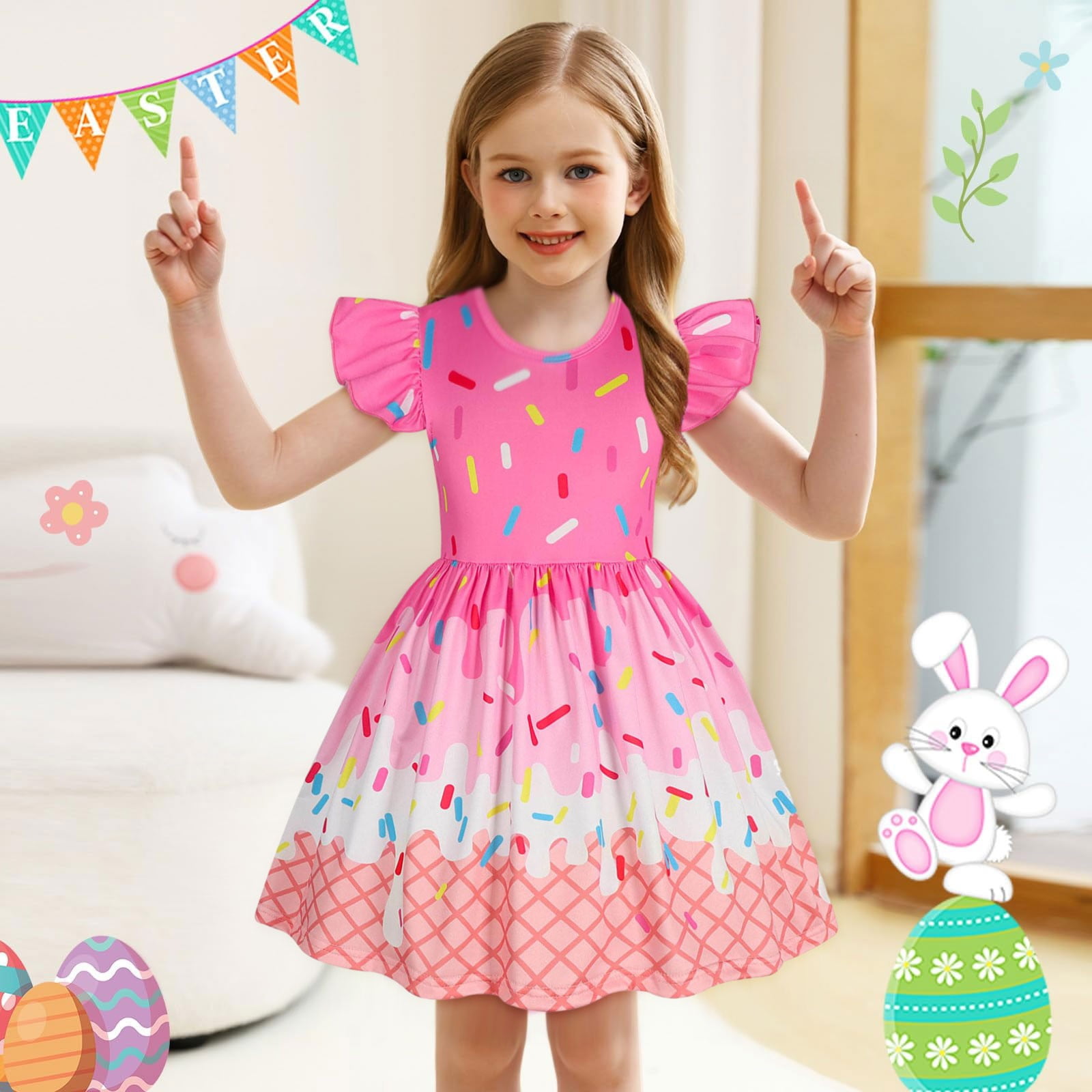 KONDYS Toddler Girl Princess Outfit Kids Easter Flutter Sleeve School ...