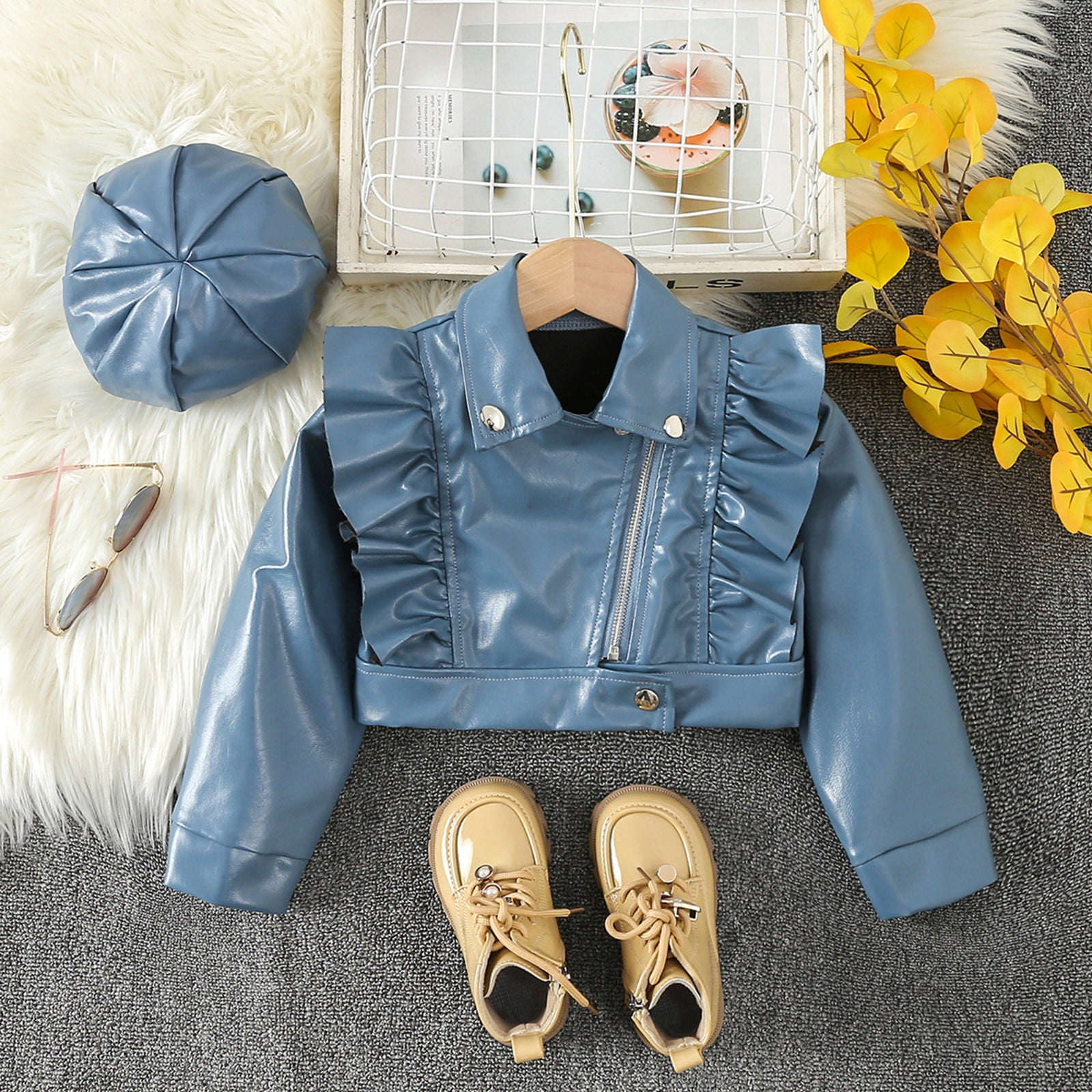 KONDYS Toddler Girls Faux Leather Motorcycle Jacket Cute Ruffle Spring ...