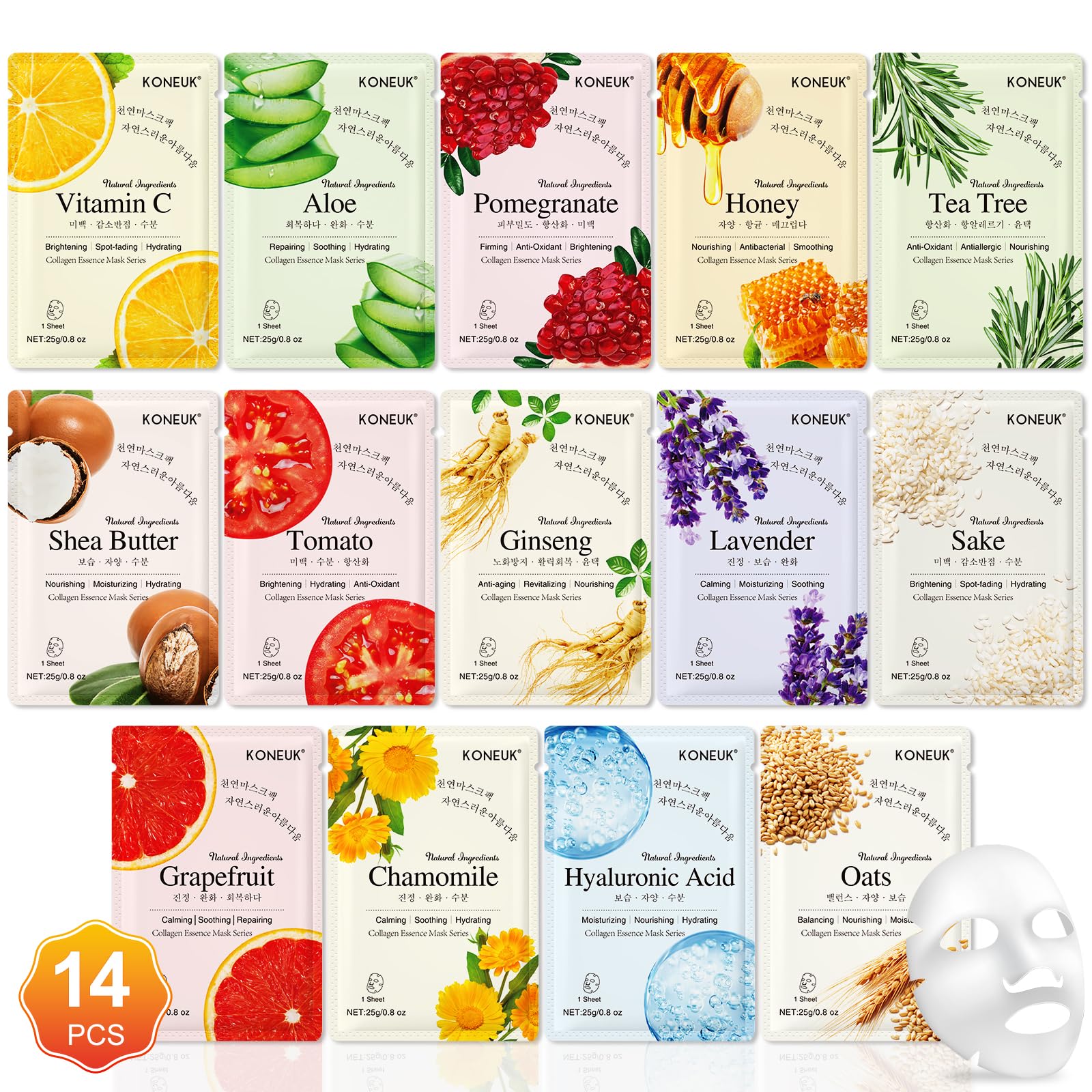 KONEUK 14 Pack Sheet Face Masks Skincare for All Skin Types, Hydrating ...