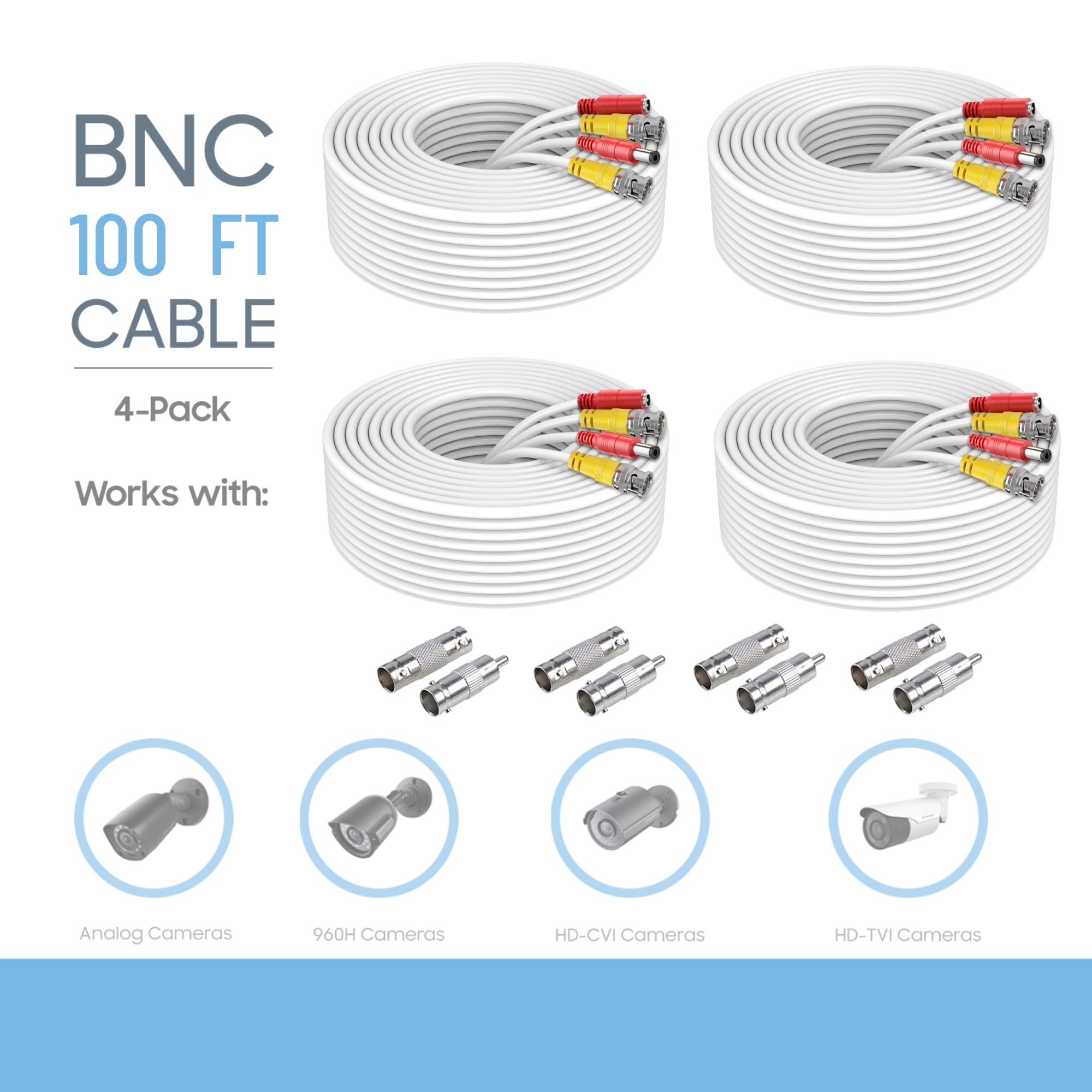 KONKIN BOO 4 Pack 100 Ft BNC Video Power Cable BNC Extension Wire Pre ...