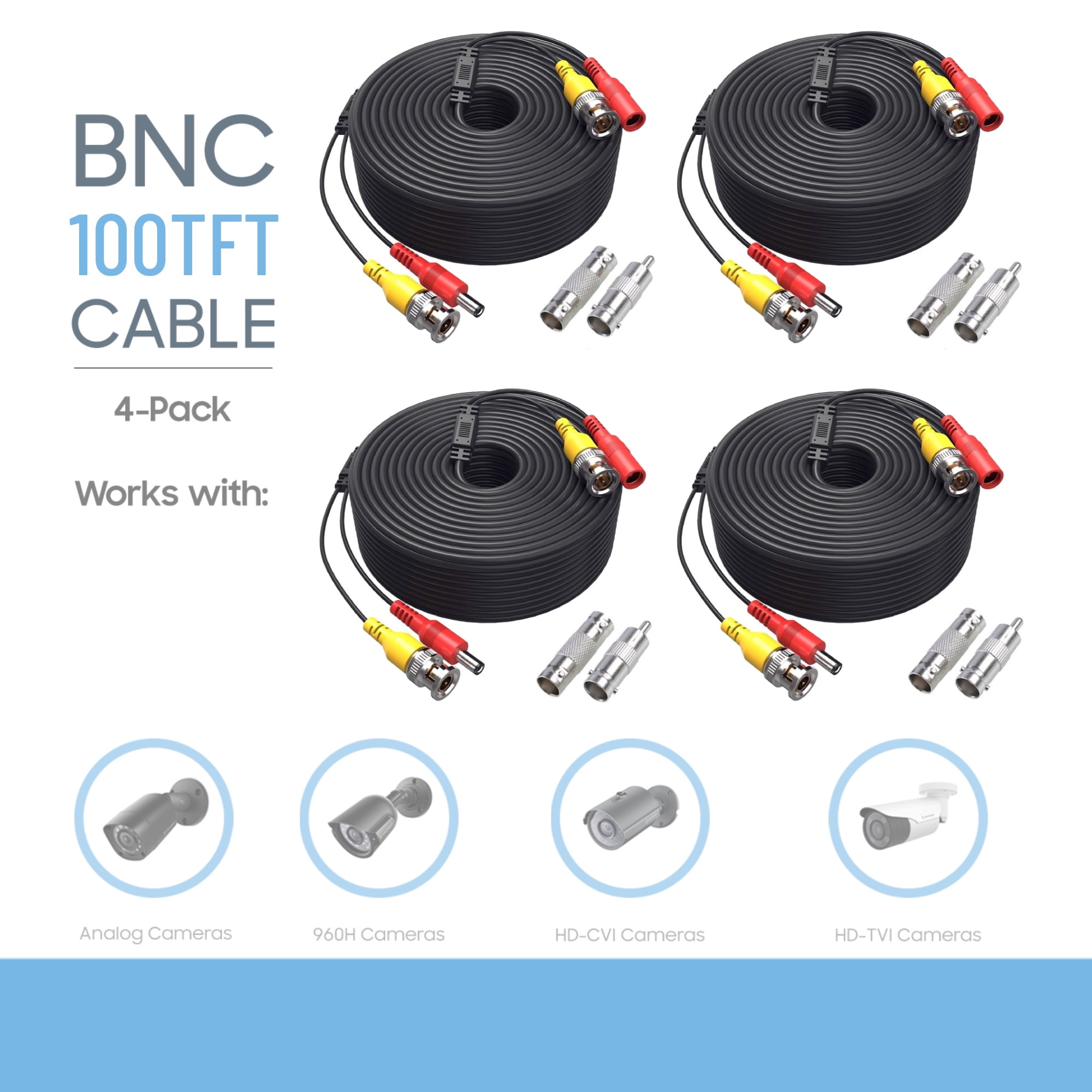 KONKIN BOO 4 Pack 30M/100ft All-in-One Video Power Cables, BNC ...