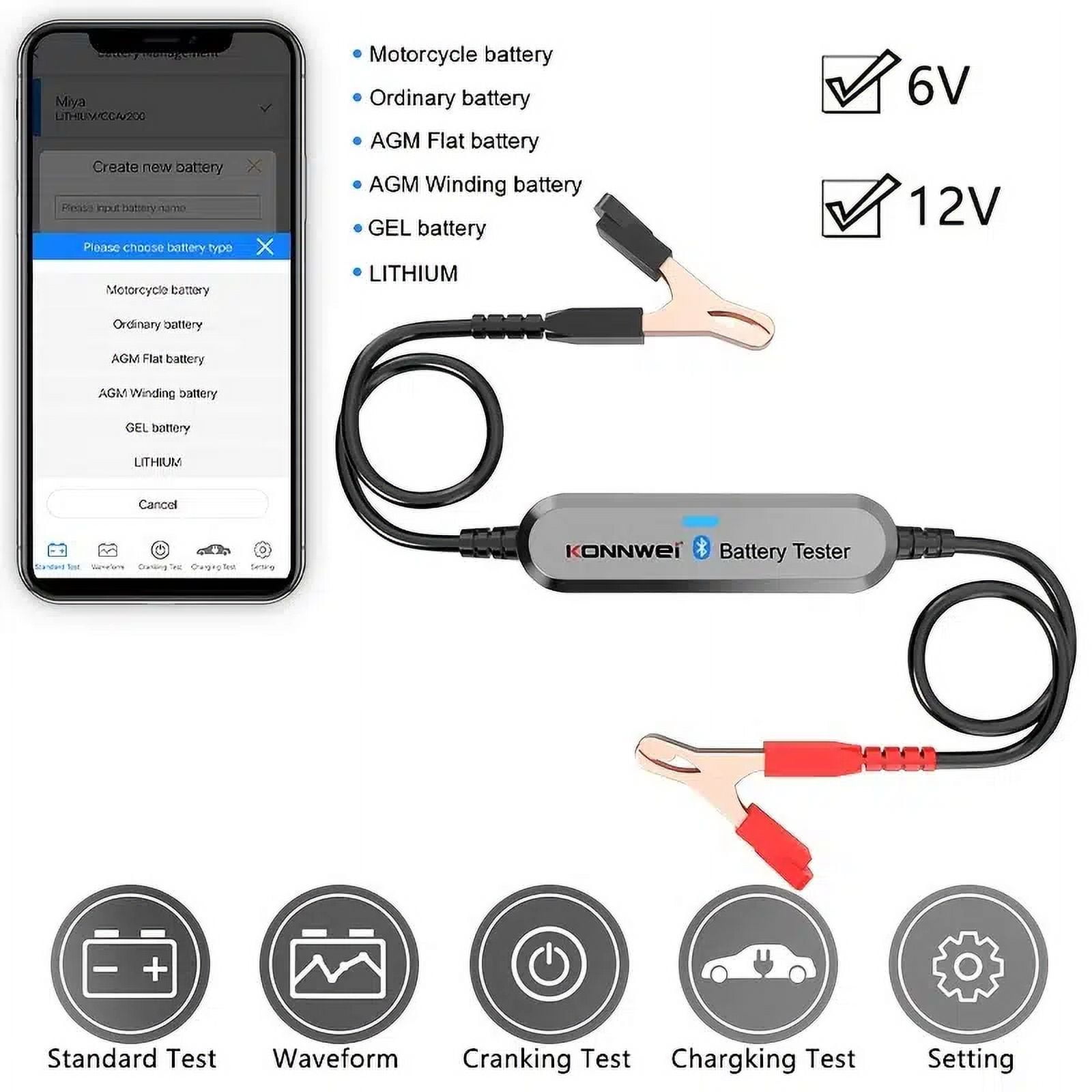 KONNWEI BK100 BT 5.0 Car Motorcycle Battery Tester, 6V 12V Battery ...