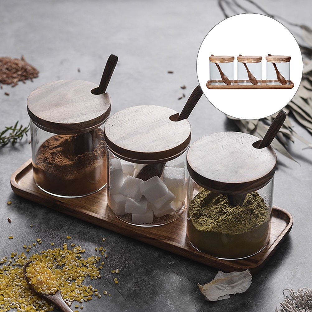 KONTONTY 1Tray Condiment Glass Jars Clear Glass With Wooden Lid For ...