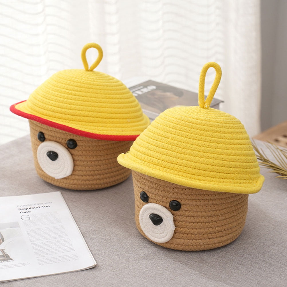 KONTONTY Cotton Rope Bear Storage Basket with Lid Multipurpose Woven ...