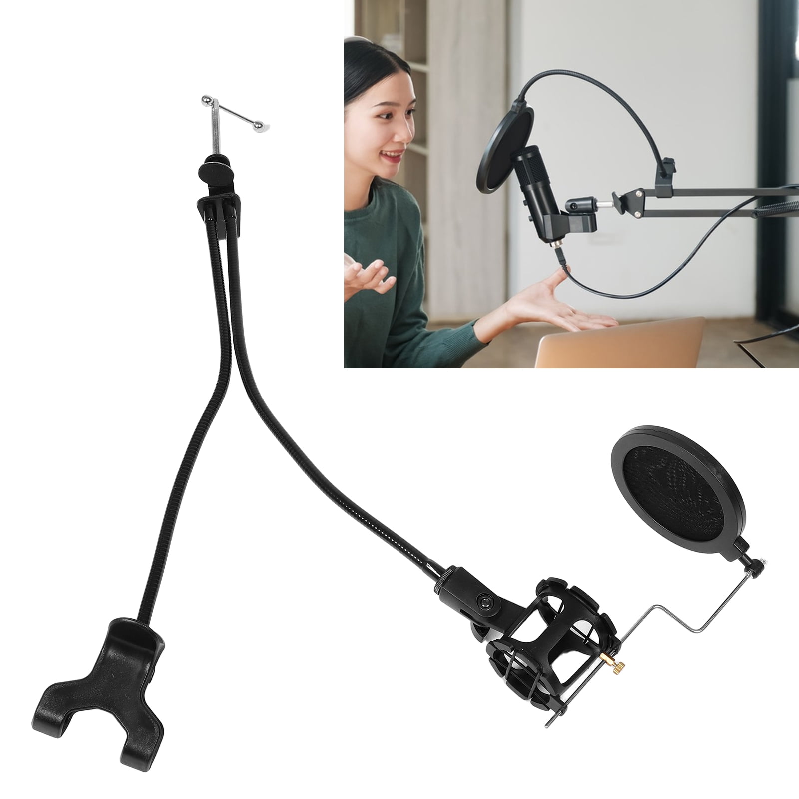 KONTONTY Dual Gooseneck Microphone Stand With Phone Holder Pop Filter ...