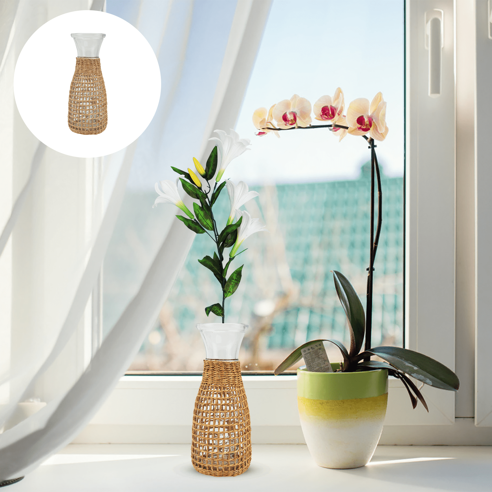 KONTONTY Farmhouse Straw Vase Desktop Rattan Vases for Flowers Khaki ...