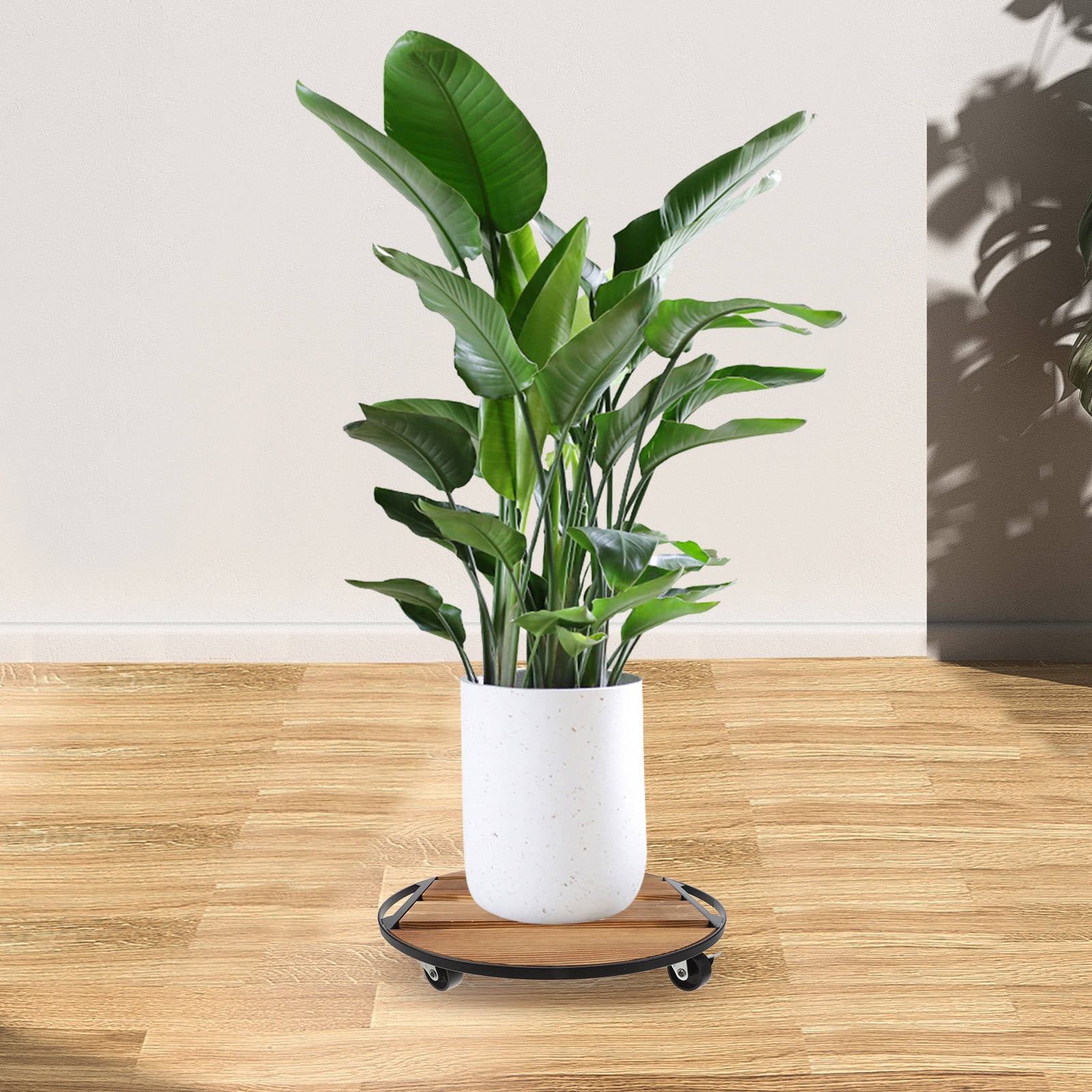 KONTONTY Round Wooden Plant Tray with Wheels Rolling Plant Stand Indoor ...