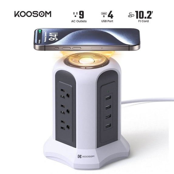 KOOSOM 10.2ft Power Strip Tower Wireless Charger Surge Protector Multi Outlet USB Charging ...