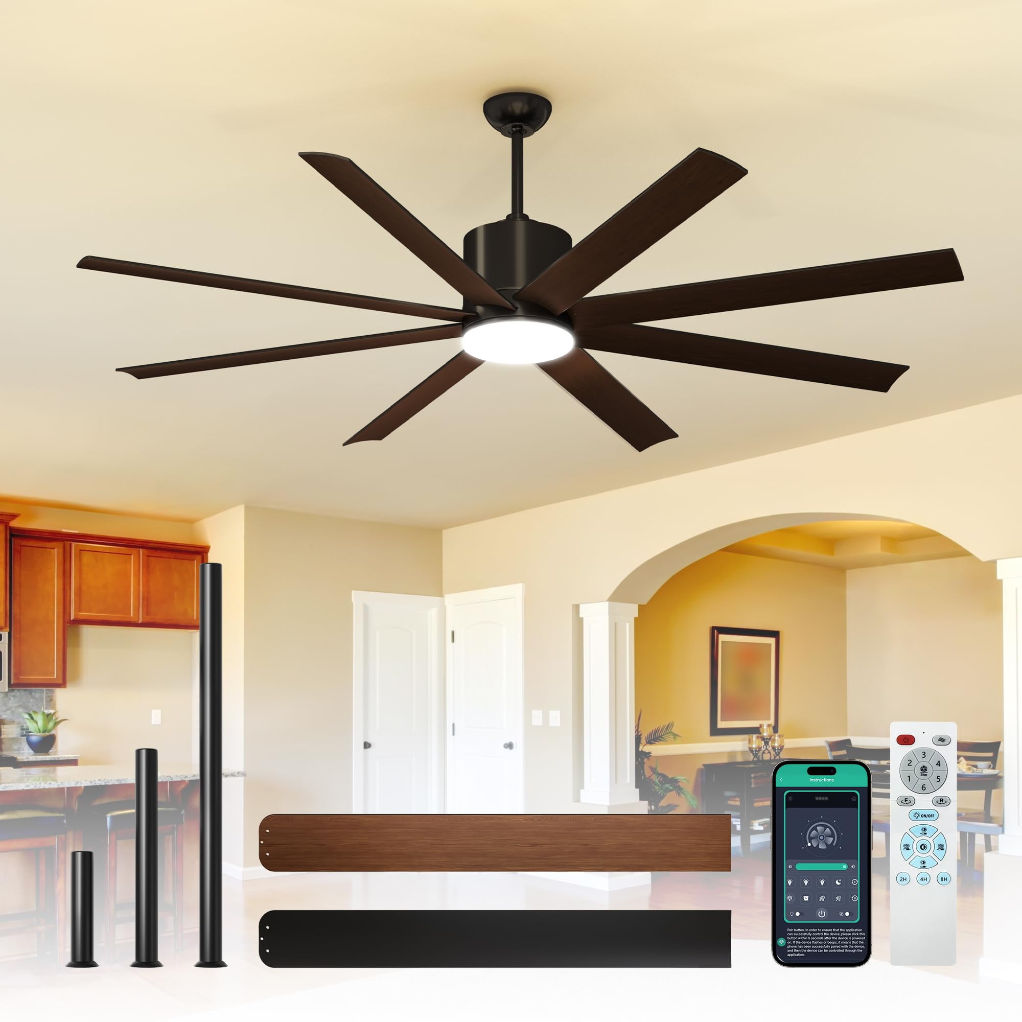KOOSOM 72 Inch Ceiling Fan with Light and Remote & App Control, Indoor ...