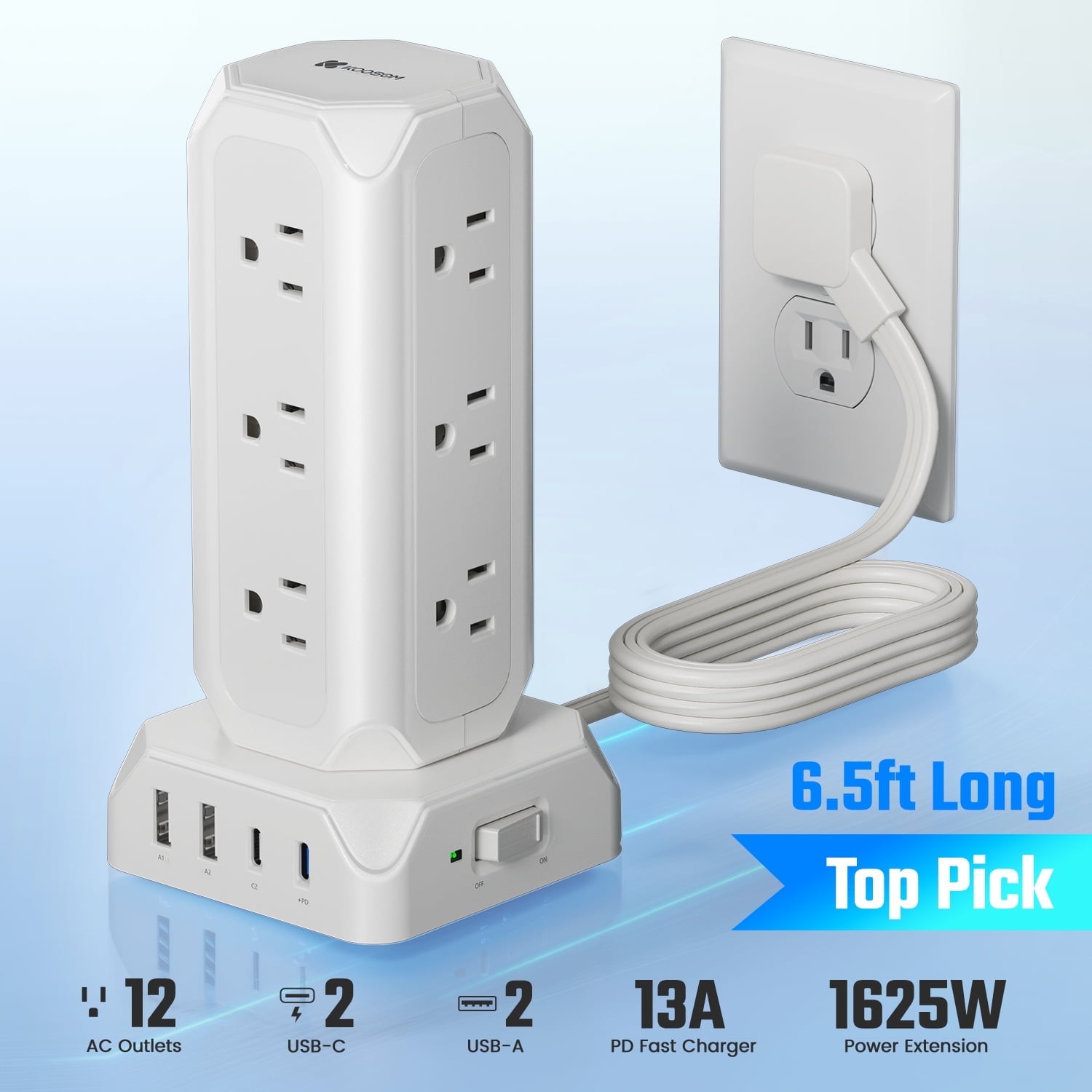 KOOSOM Power Strip Tower, 12 Outlets, 4 USB Ports Charging Station ...