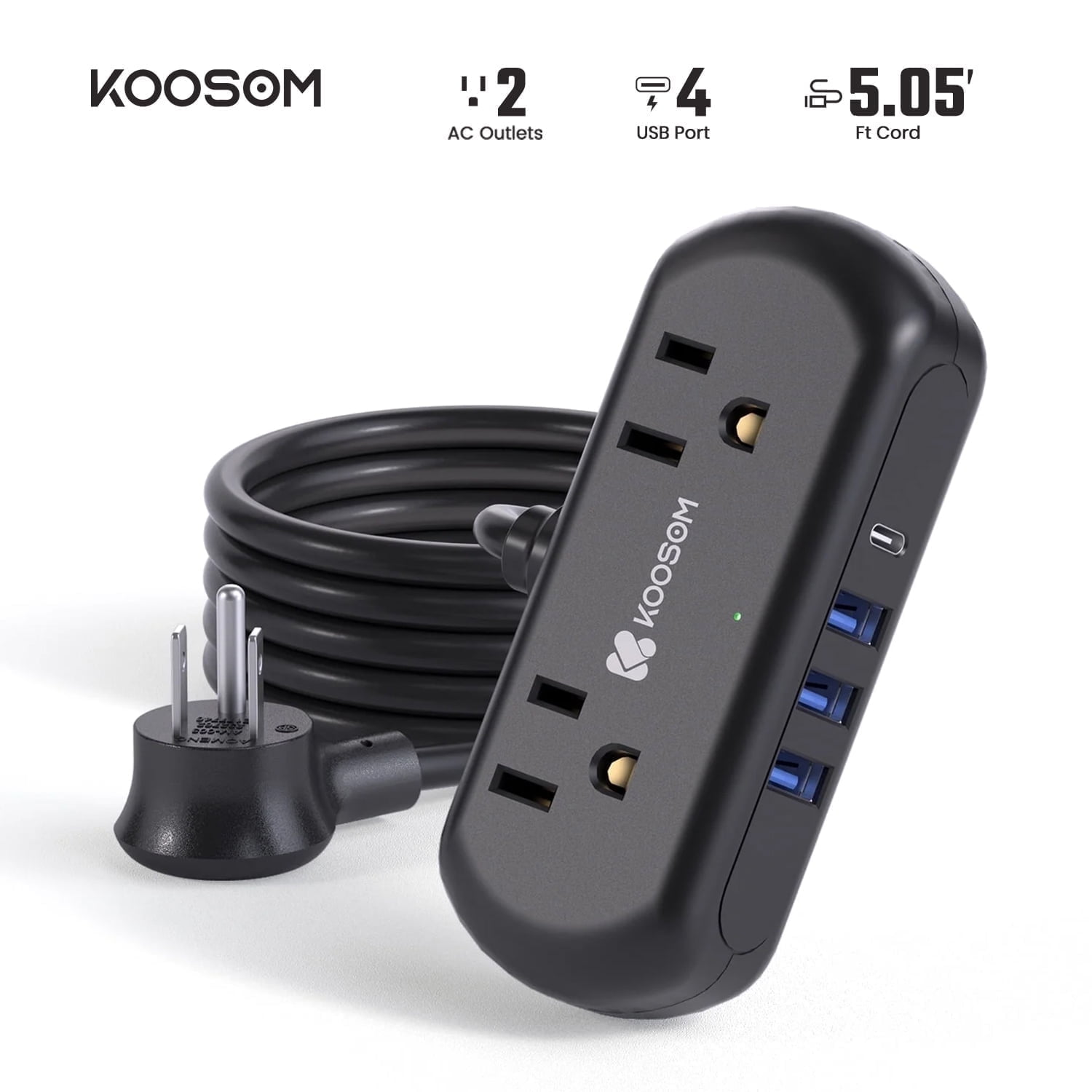 KOOSOM Power Strip with USB,Mini Surge Protector with 2 Wide-Spaced Outlets, 3 USB-A 1 USB-C, 5. ...