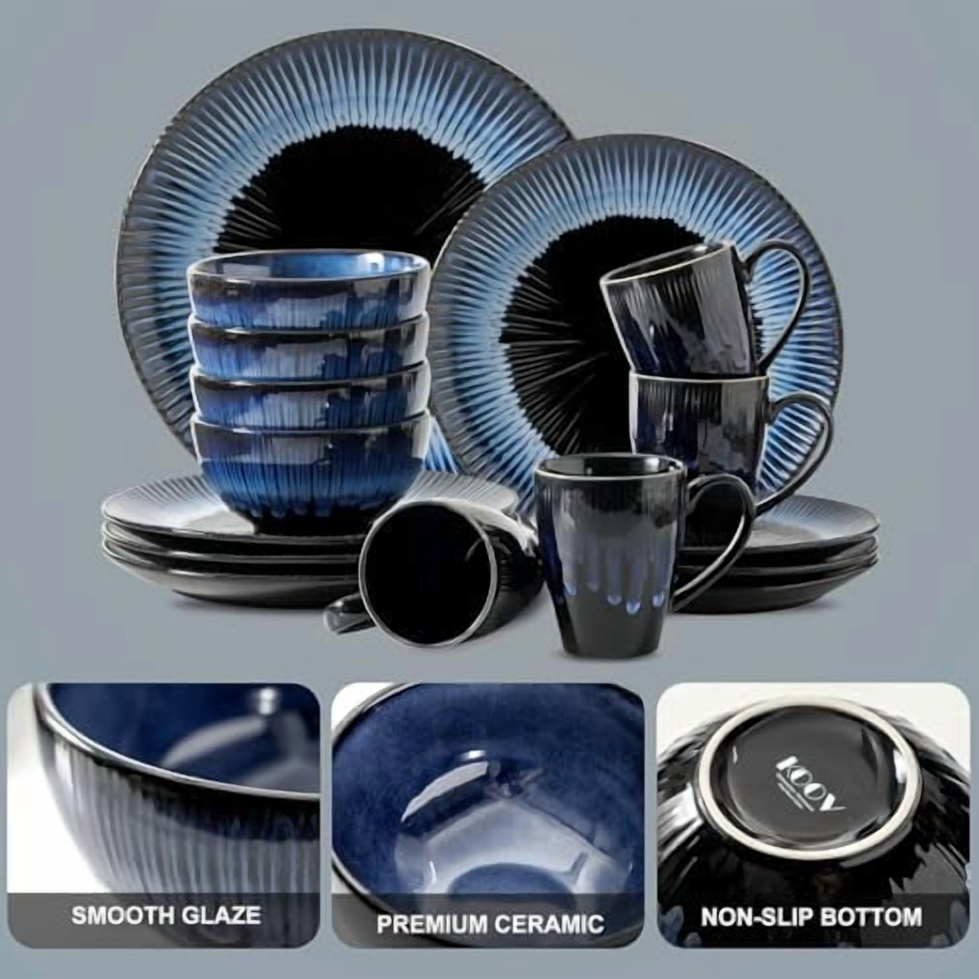 KOOV Ceramic Dinnerware Sets of 16, Plates and Bowls Sets for 4, Dish ...