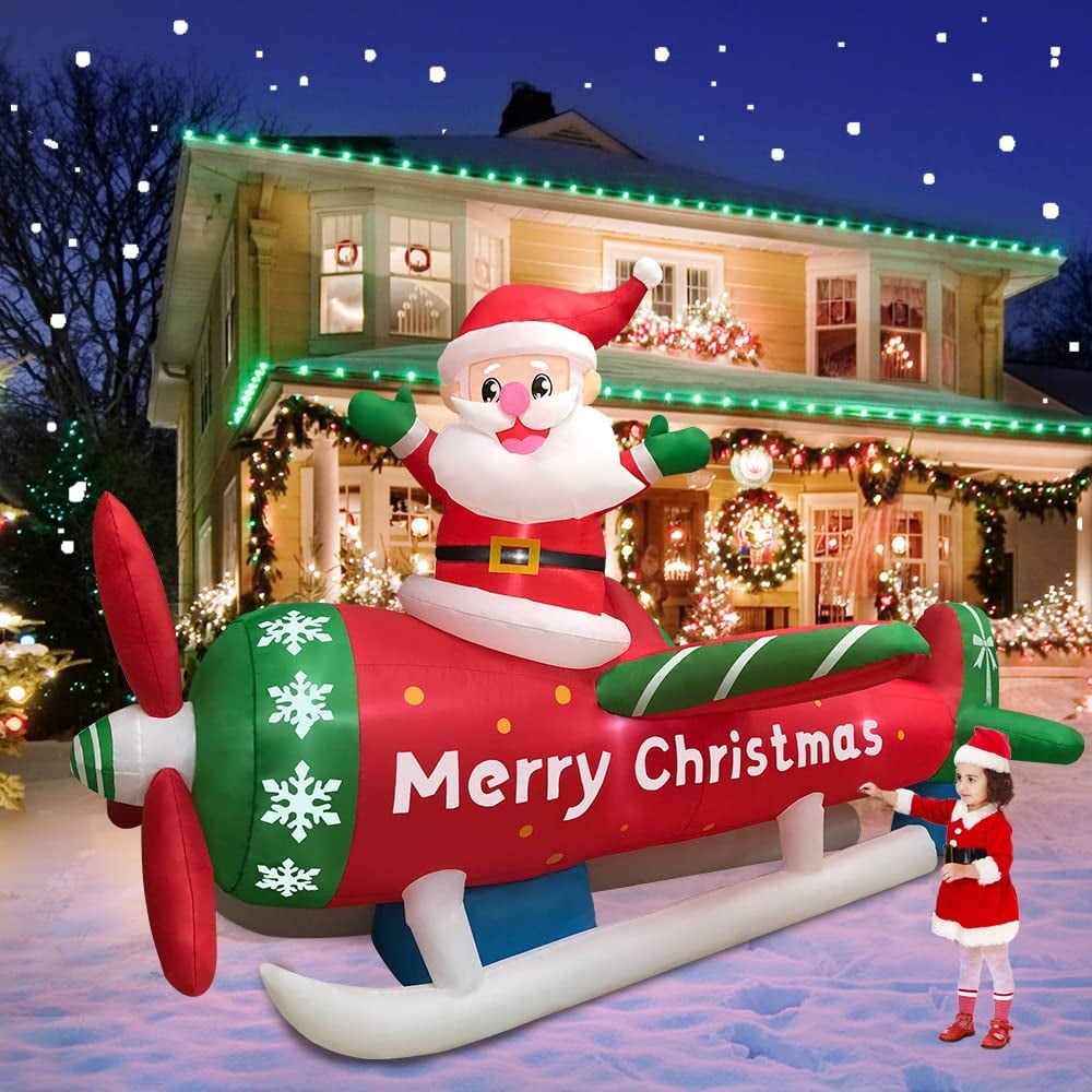 KOOY 9FT Christmas Inflatables Santa Claus on Airplane Outdoor ...