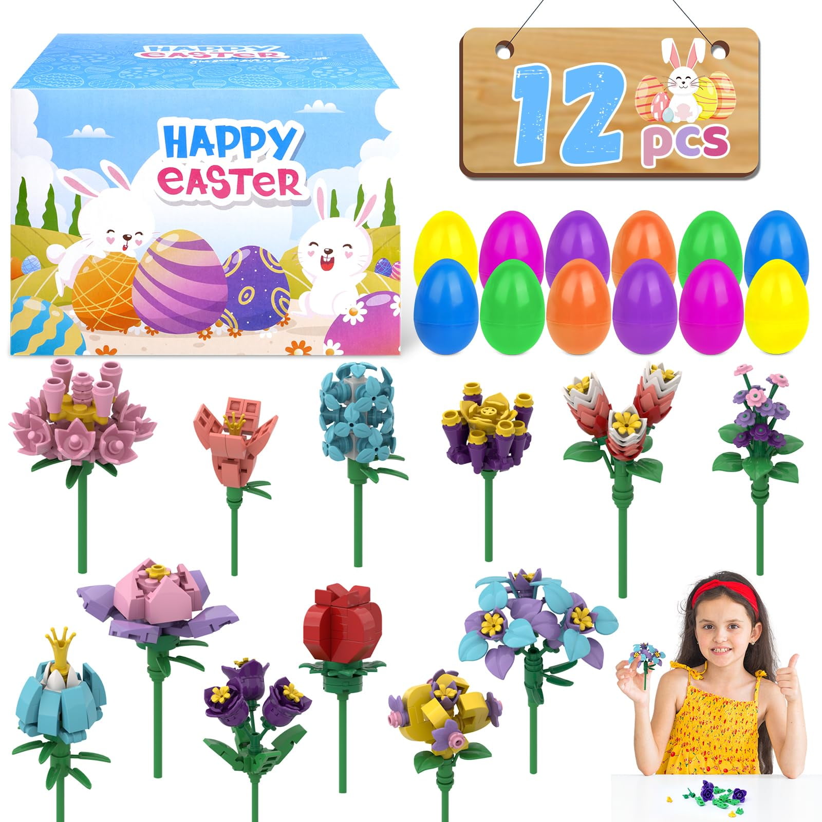 KOPHINYE Pre Filled Easter MMF7 Eggs with Flower Building Blocks, 12 ...