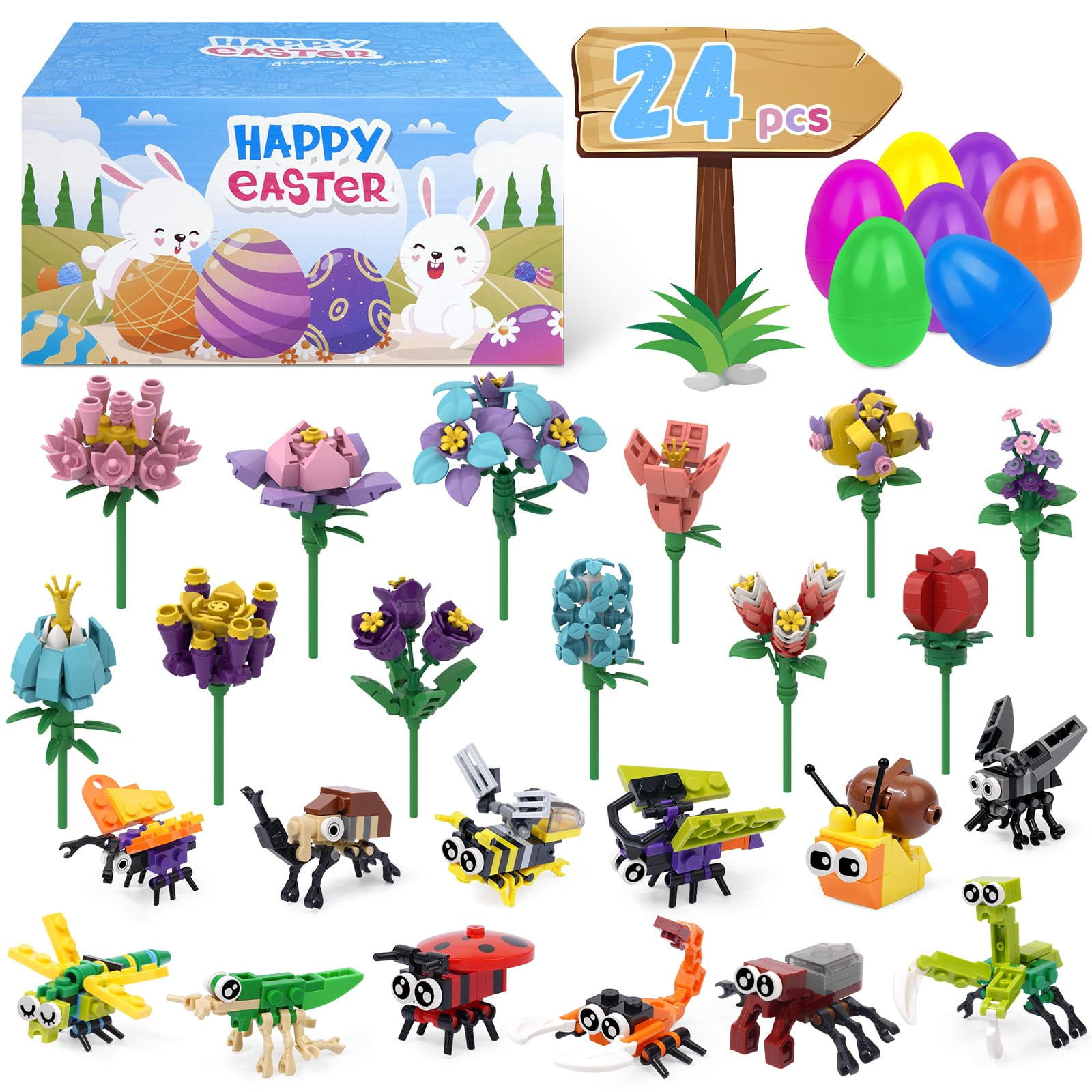KOPHINYE Prefilled Easter Eggs with Toys,24 Mini Building Blocks Insect ...