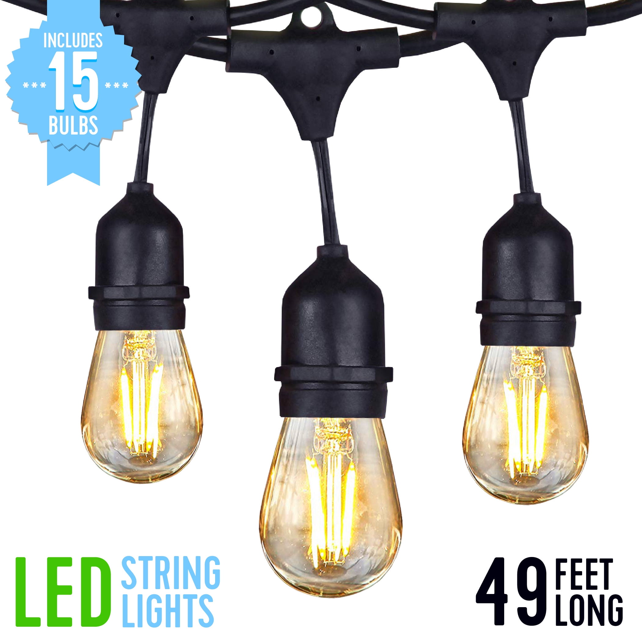 KOR 48 ft LED Outdoor String Lights with 15 Hanging Sockets, Includes ...