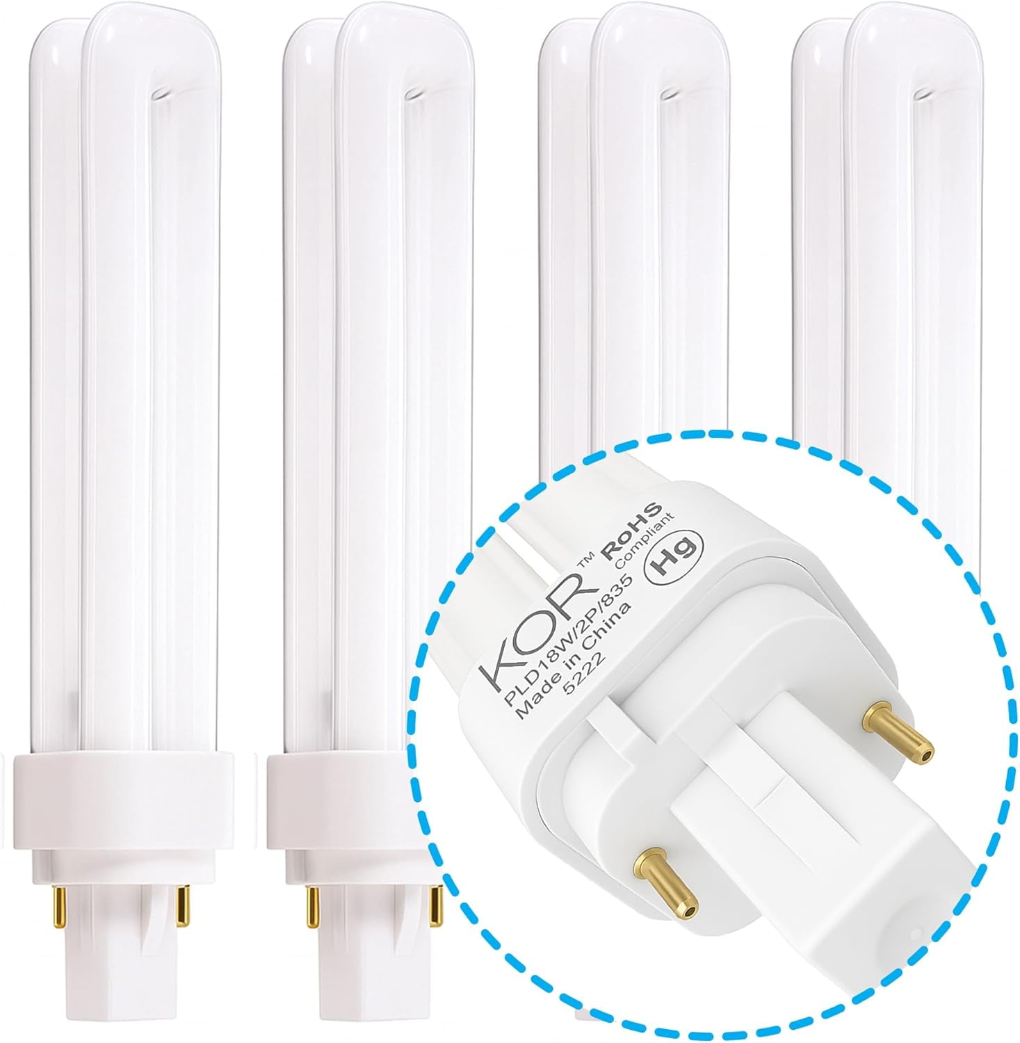 KOR Pack of 4 – 18W CFL Light Bulbs, Double Tube, 2-Pin G24d-2 Base ...